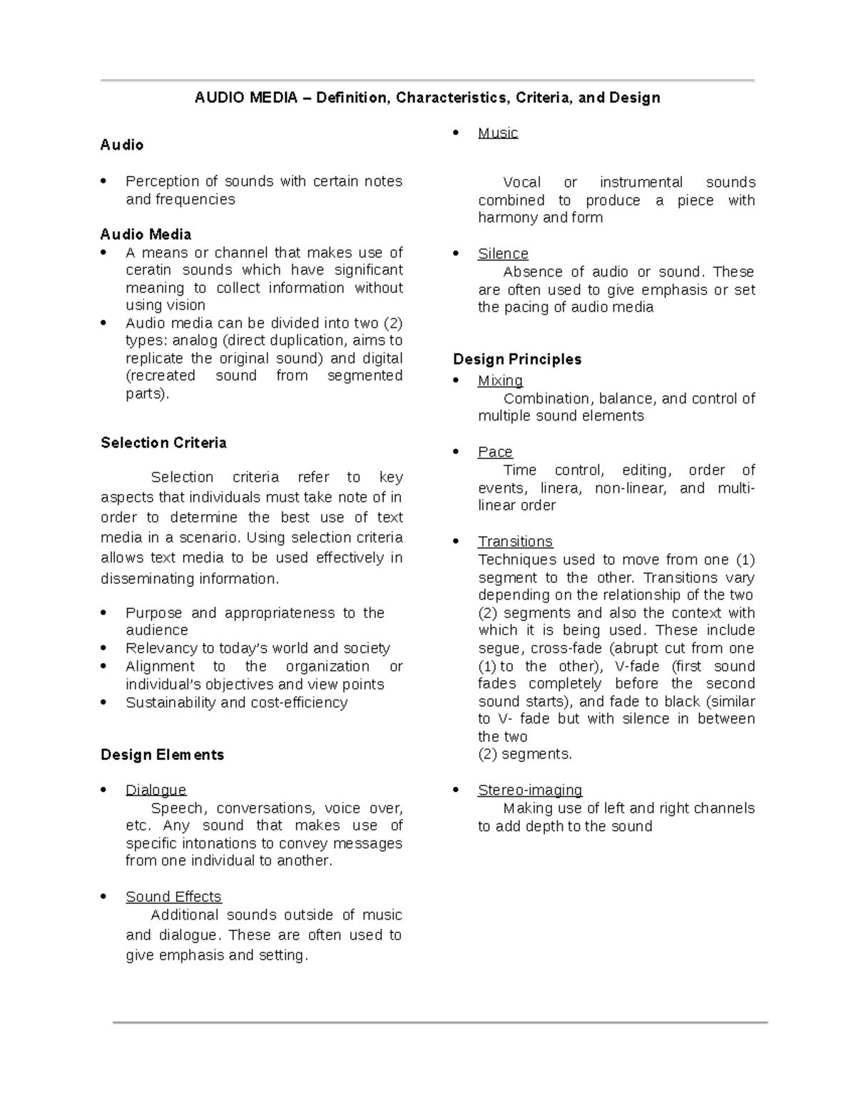 Audio Media - Selection Criteria Selection criteria refer to key ...