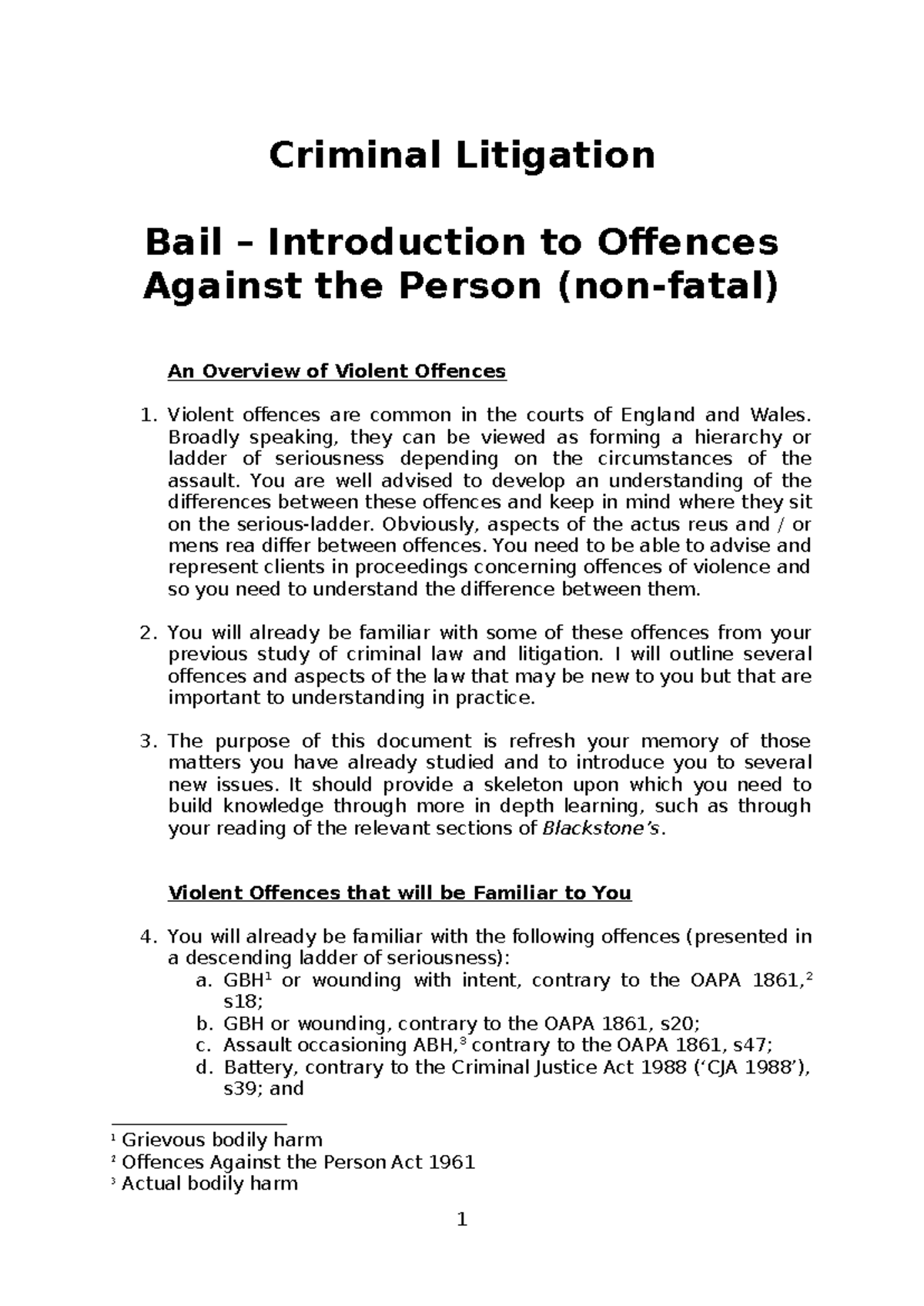 Iii. Intriduction to Offences Against the Person - Criminal Litigation ...