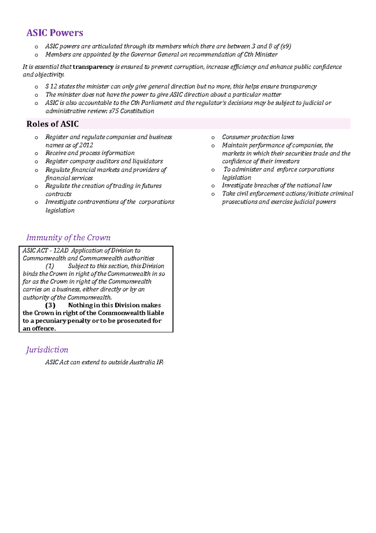 Textbook notes for Corp A and Corp B - ASIC powers are articulated ...