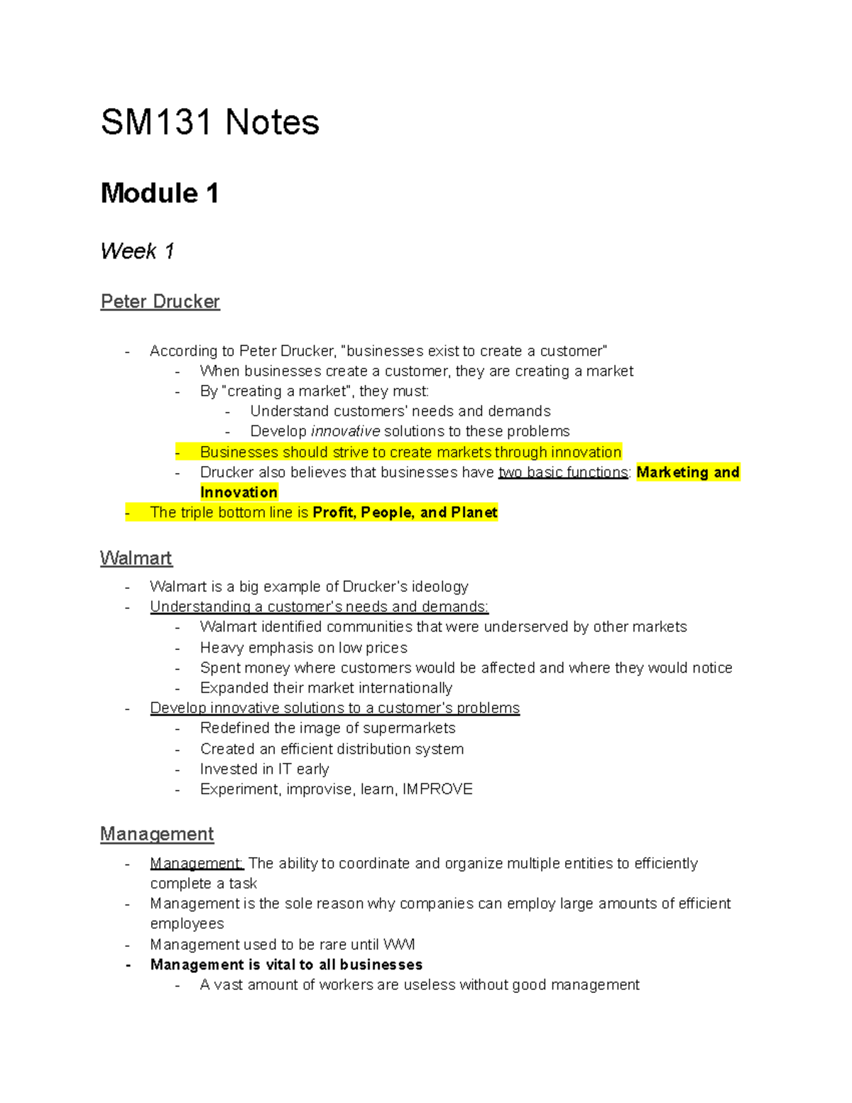SM131 Notes - SM131 Notes Module 1 Week 1 Peter Drucker - According to ...