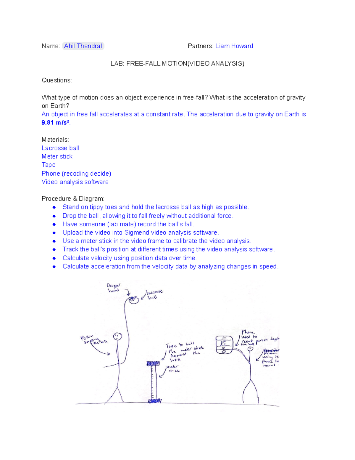 Free Fall Analysis Lab - Free fall lab - Name: Ahil Thendral Partners ...