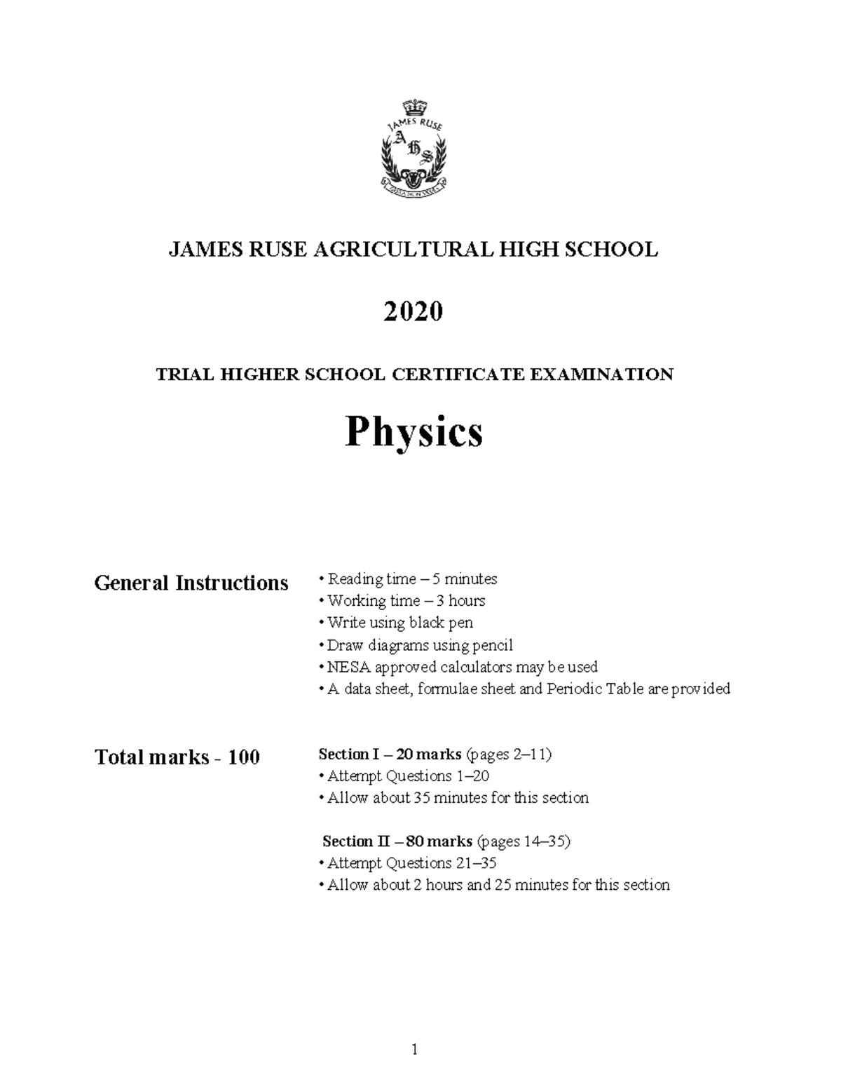 James Ruse 2020 Physics Trials & Solutions - 1 JAMES RUSE AGRICULTURAL ...