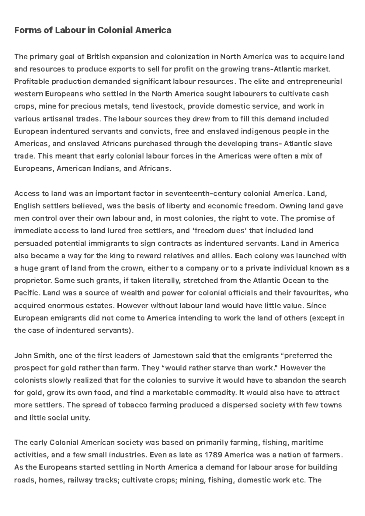 American compilation - Forms of Labour in Colonial America The primary ...