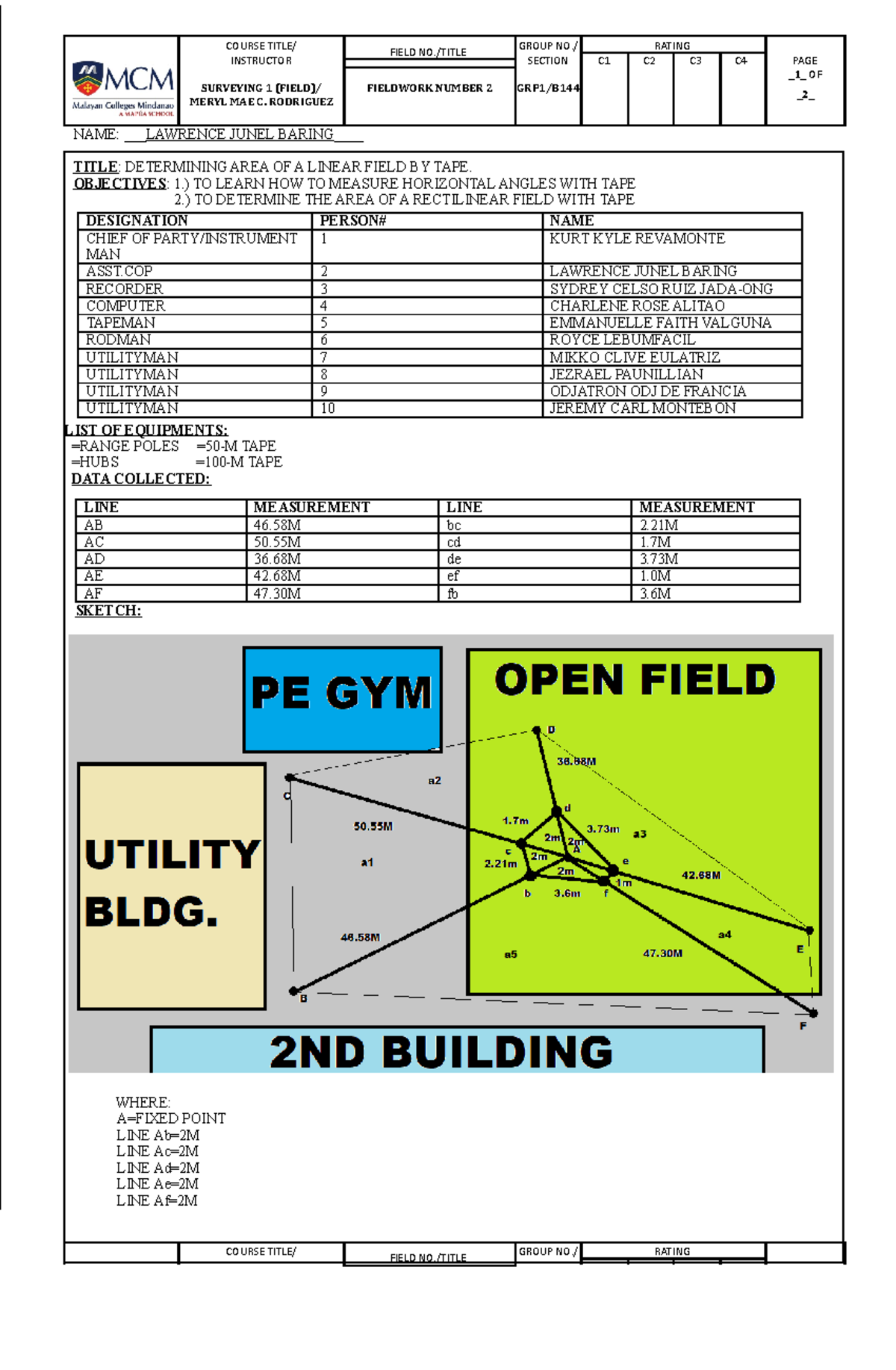 CE101 F-Fieldwork-BARS P1 - COURSE TITLE/ FIELD NO./TITLE GROUP NO ...