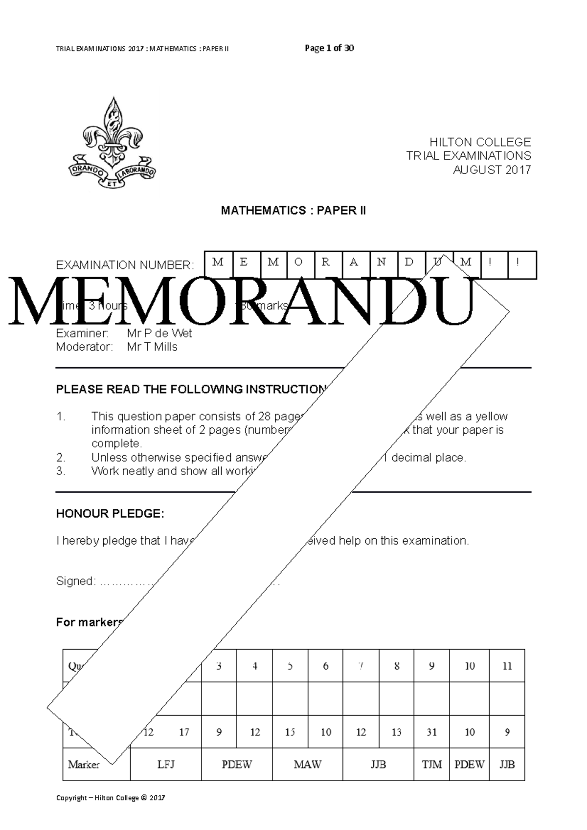 Hilton Paper 2 MEMO 2017 - HILTON COLLEGE TRIAL EXAMINATIONS AUGUST ...