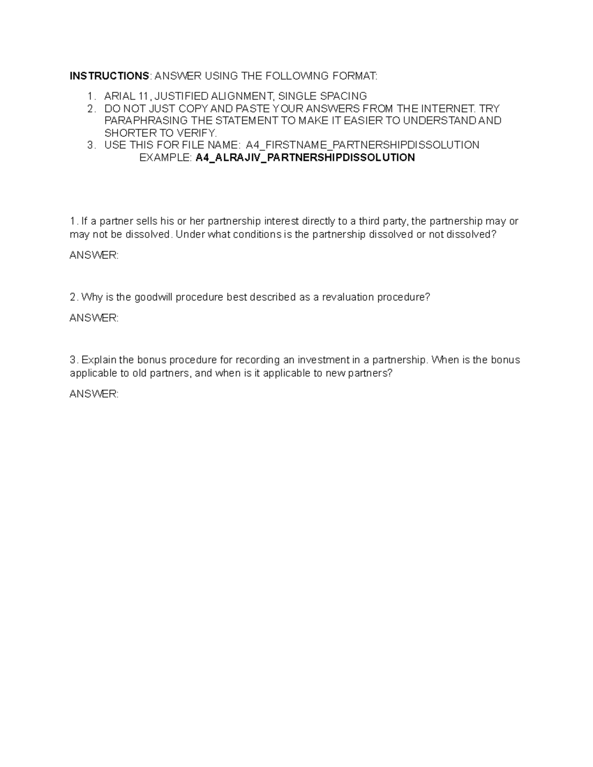 130 A4 Partnership Dissolution - INSTRUCTIONS : ANSWER USING THE ...