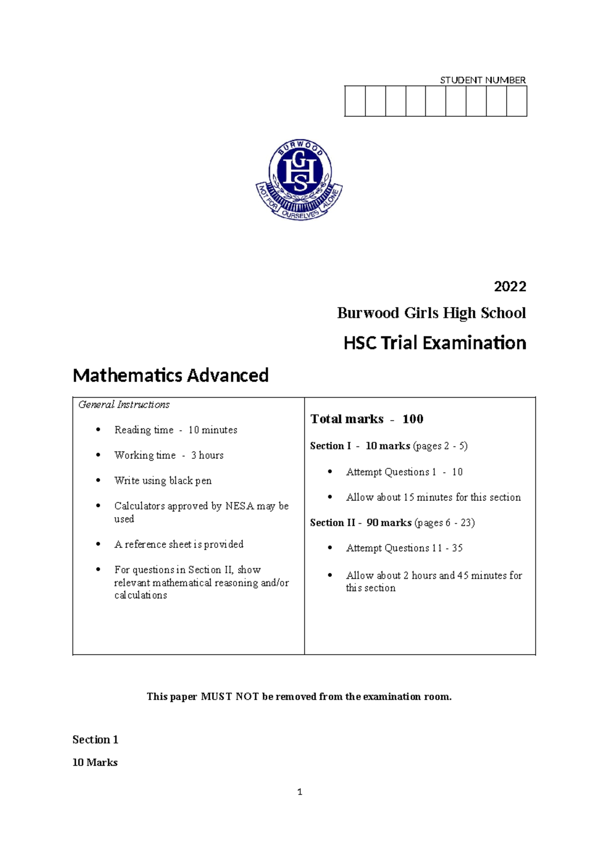 2022 BGHS HSC Advanced Trial - STUDENT NUMBER 2022 Burwood Girls High ...