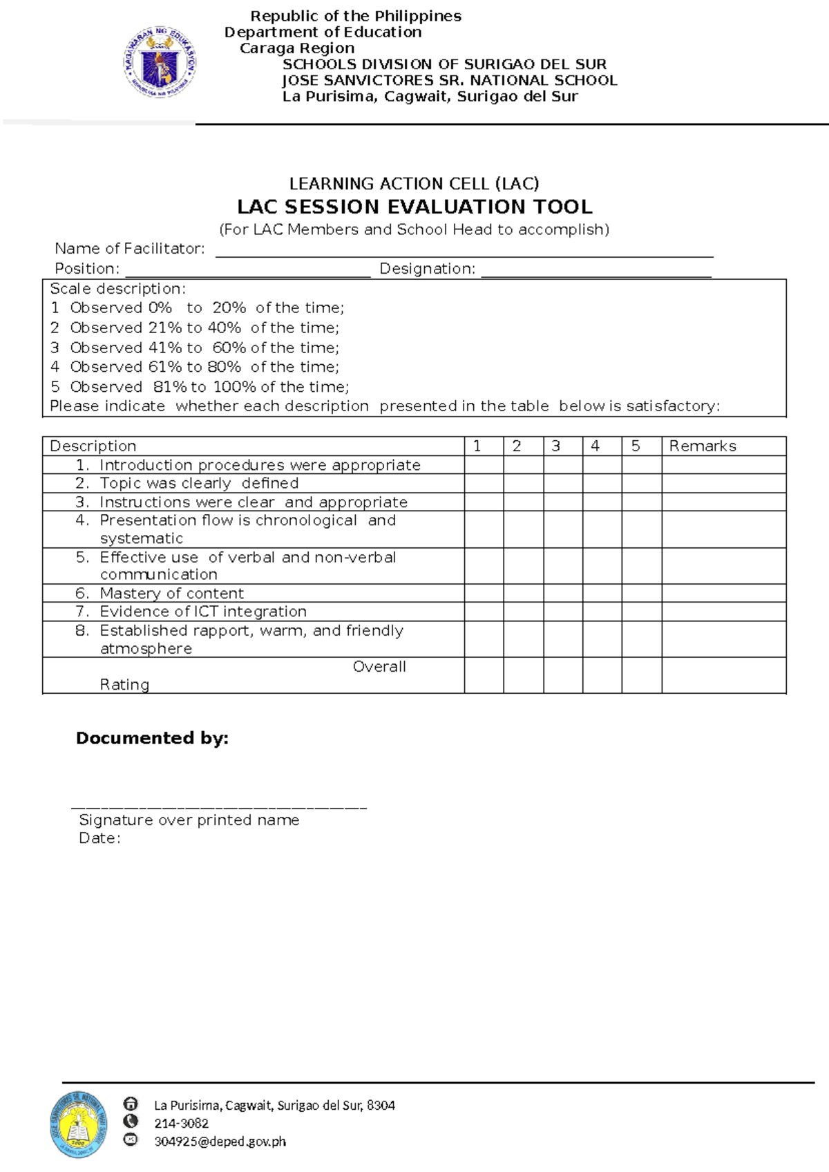 LAC Session Evaluation Tool - La Purisima, Cagwait, Surigao del Sur, 8304 214- 304925@deped.gov ...