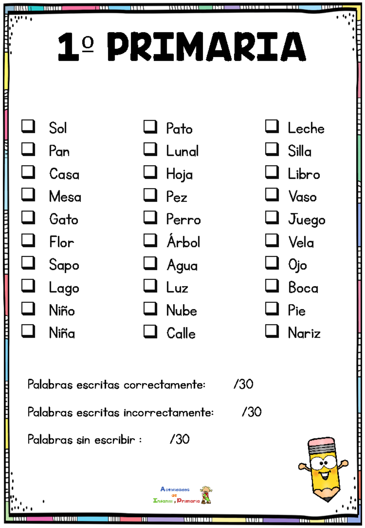 Dictado palabras cursos Primaria - Sol Pan Casa Mesa Gato Flor Sapo ...
