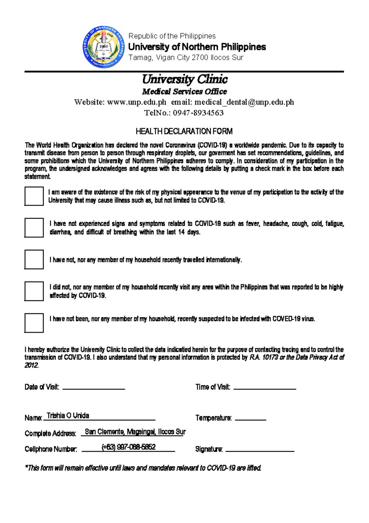 Health declaration form unp - Republic of the Philippines University of ...
