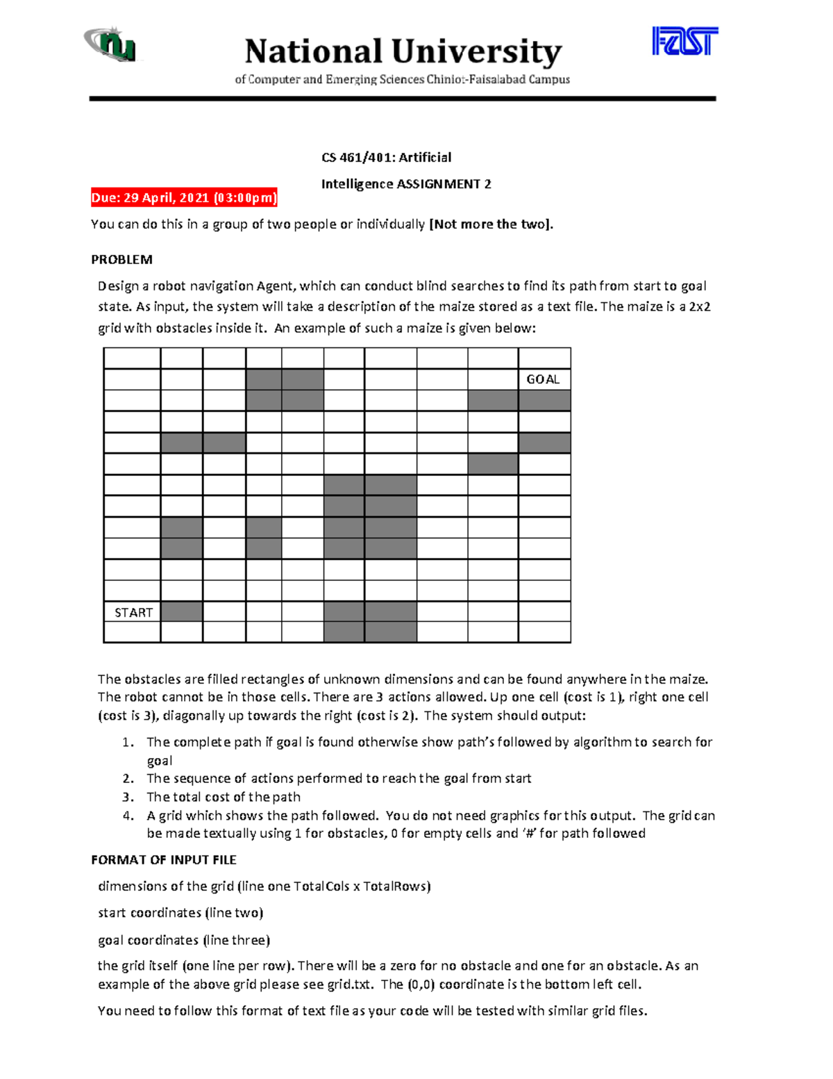 CS 461-Spring 2021 -Artificial Intelligence-A2 - Artifical Intelligence - FAST - Studocu