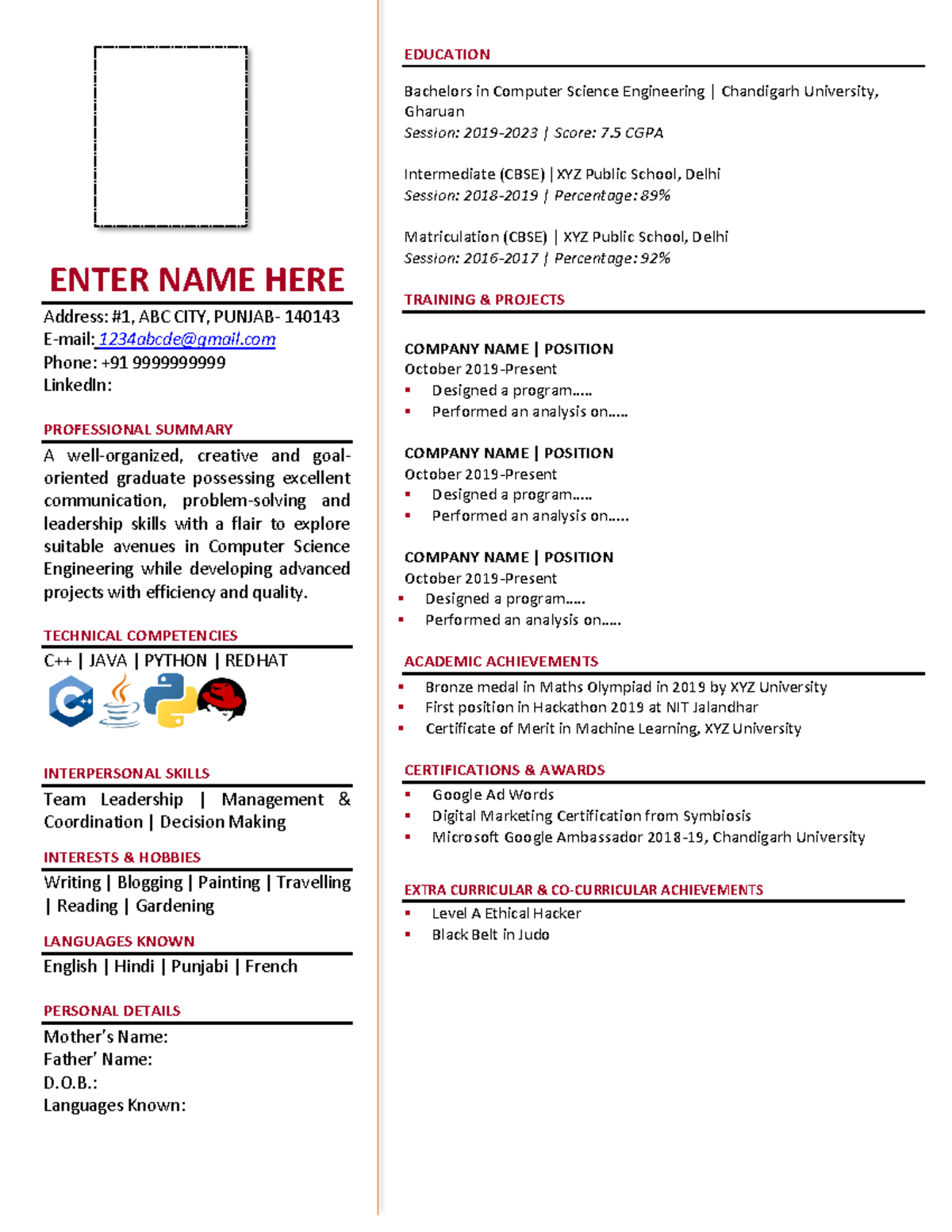 Sample Resume Format - EDUCATION Bachelors in Computer Science ...