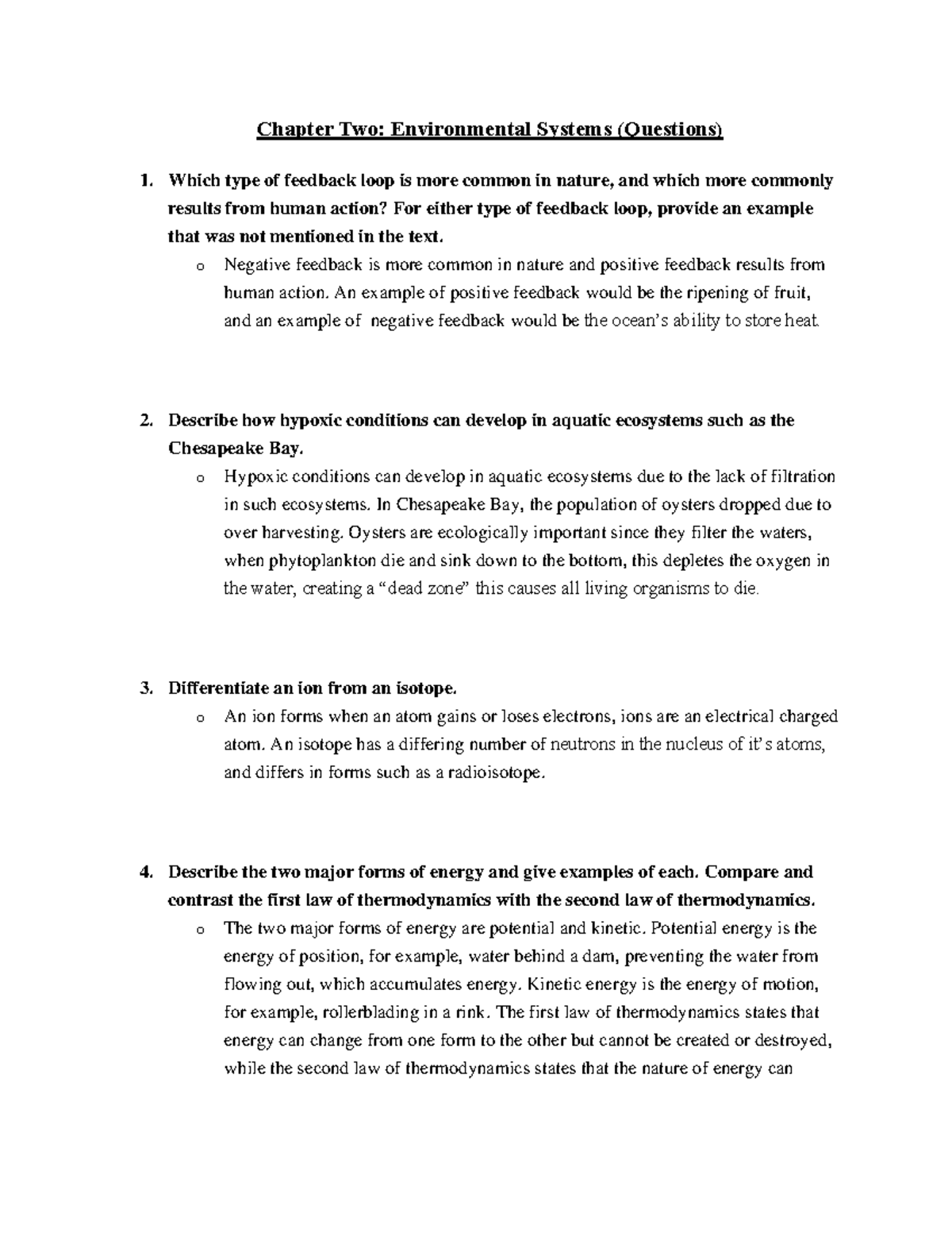 Chapter 2 Questions - Chapter Two: Environmental Systems (Questions ...