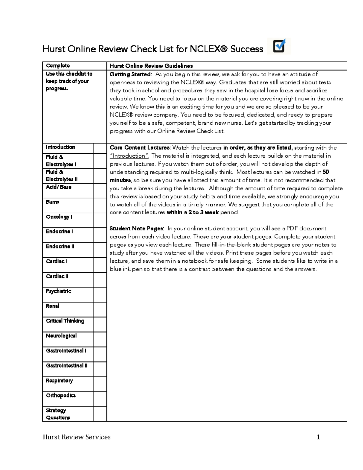 Nclex - Hurst Review Services 1 Hurst Online Review Check List for ...