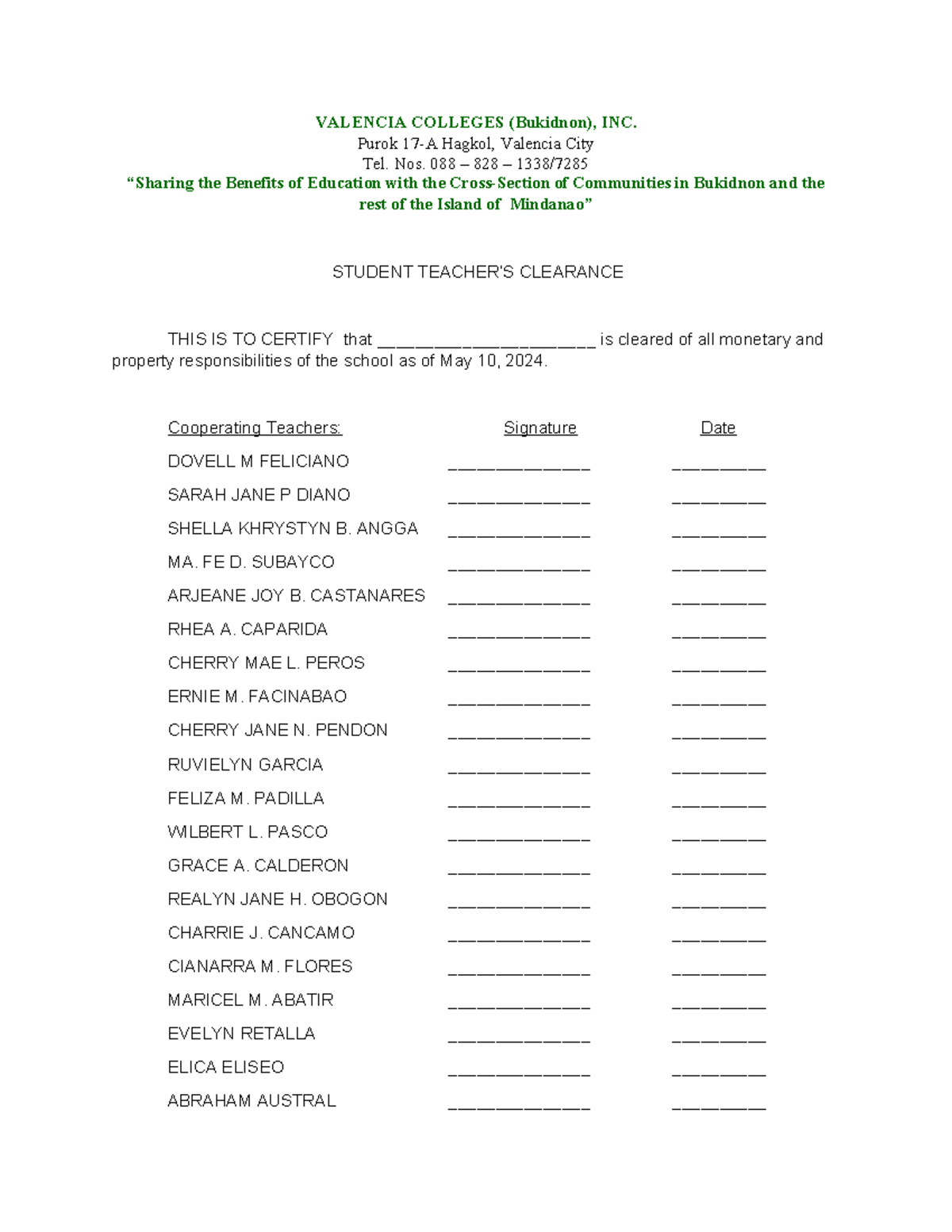 Cleanrance certificate of completion - VALENCIA COLLEGES (Bukidnon ...