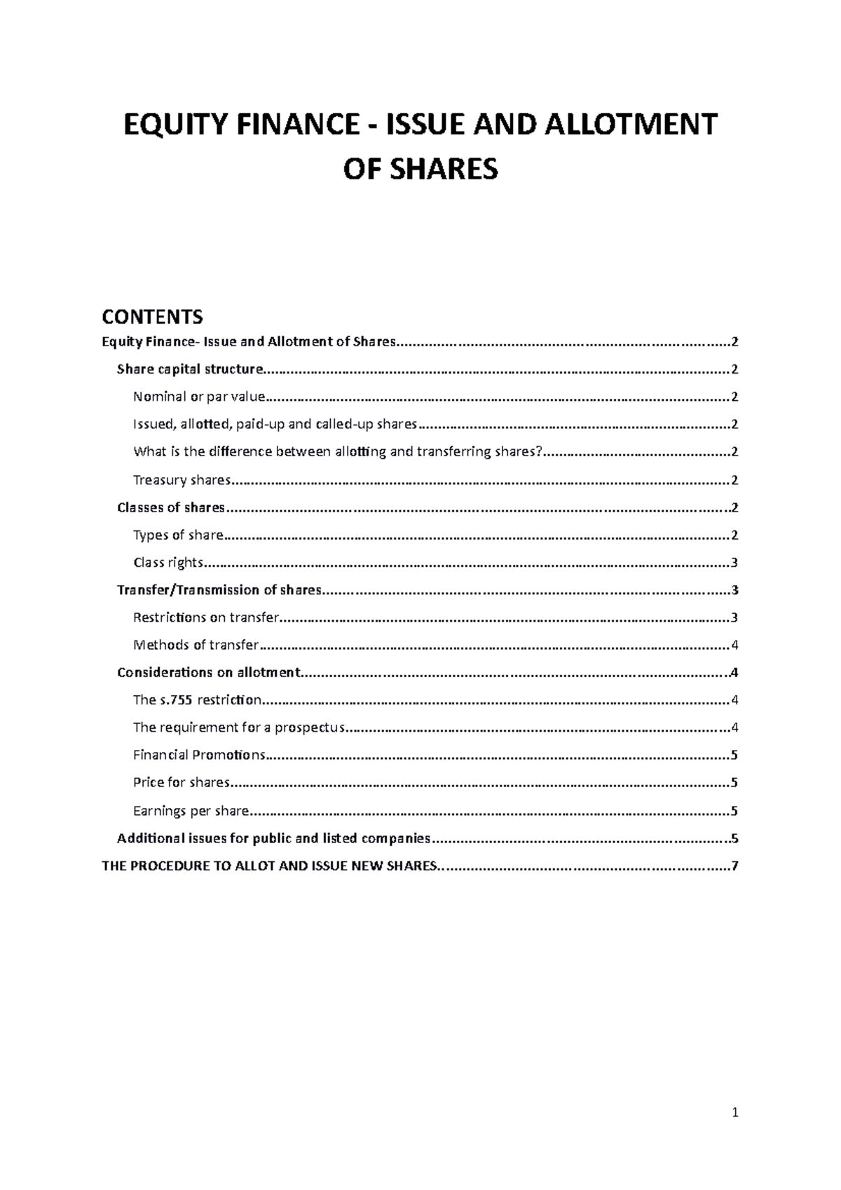 Equity Finance- Issue and Allotment of Shares - - Studocu