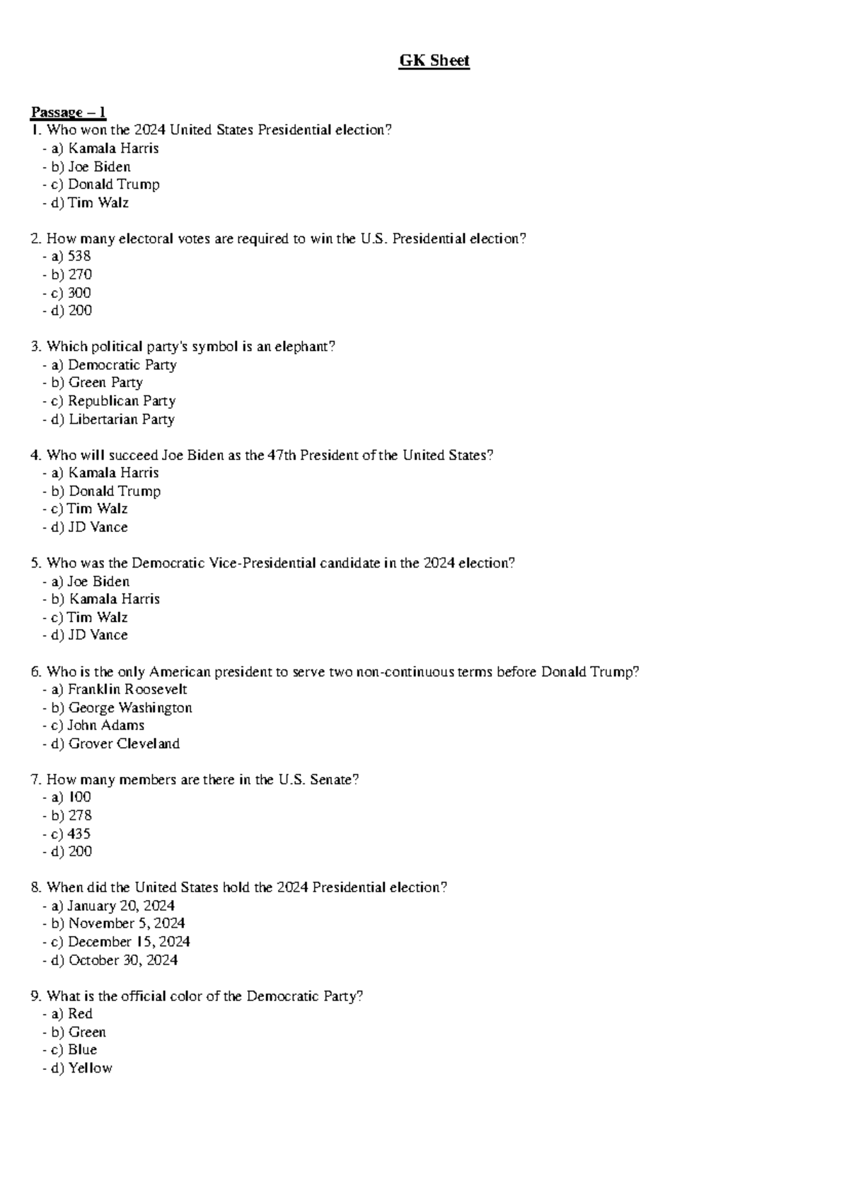 Mega Current affairs mock - Passage – 1 1. Who won the 2024 United ...