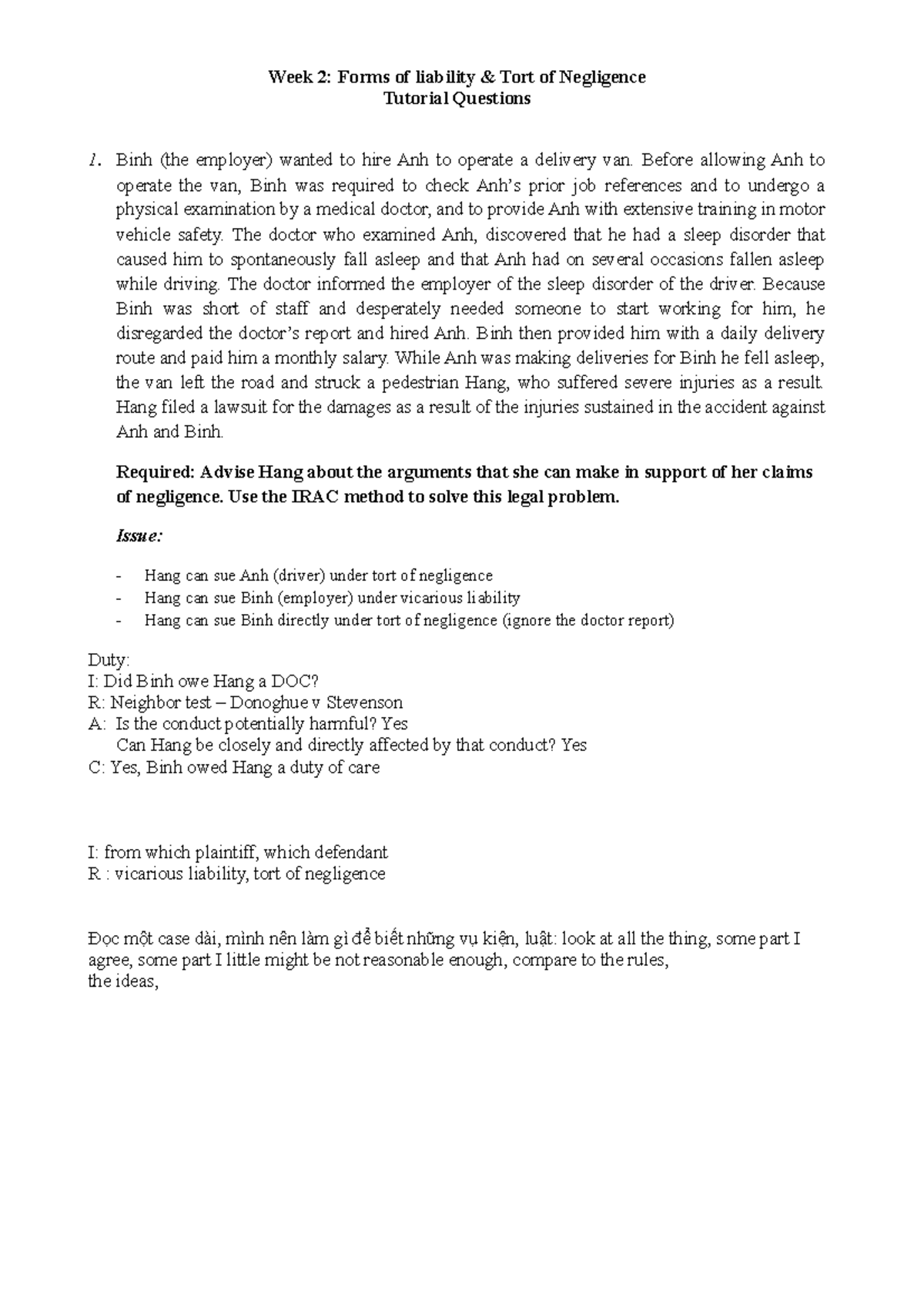 Week 2 Tutorial Questions-1 - 2021 [Official Version] - Week 2: Forms of liability & Tort of ...