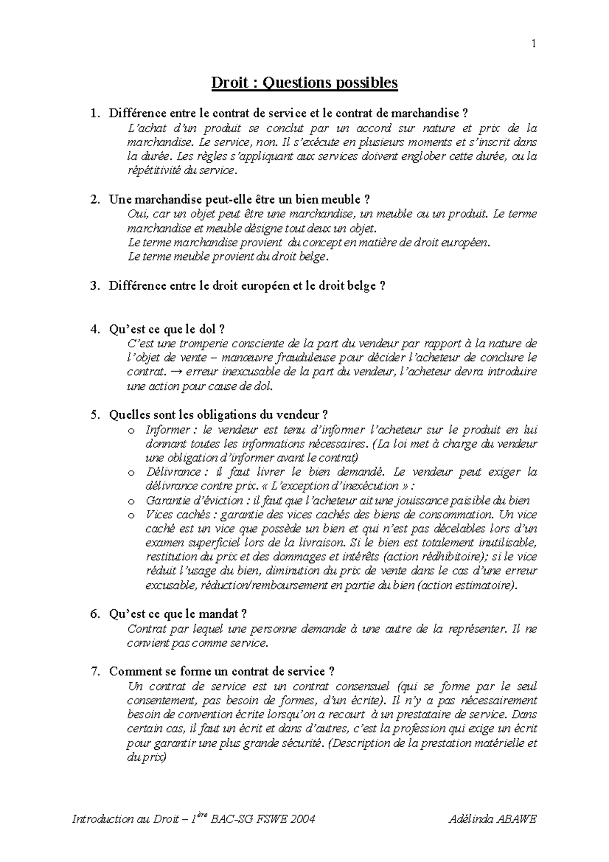 Droit question possible 1BAC - Introduction Au Droit Et Droit Civil ...