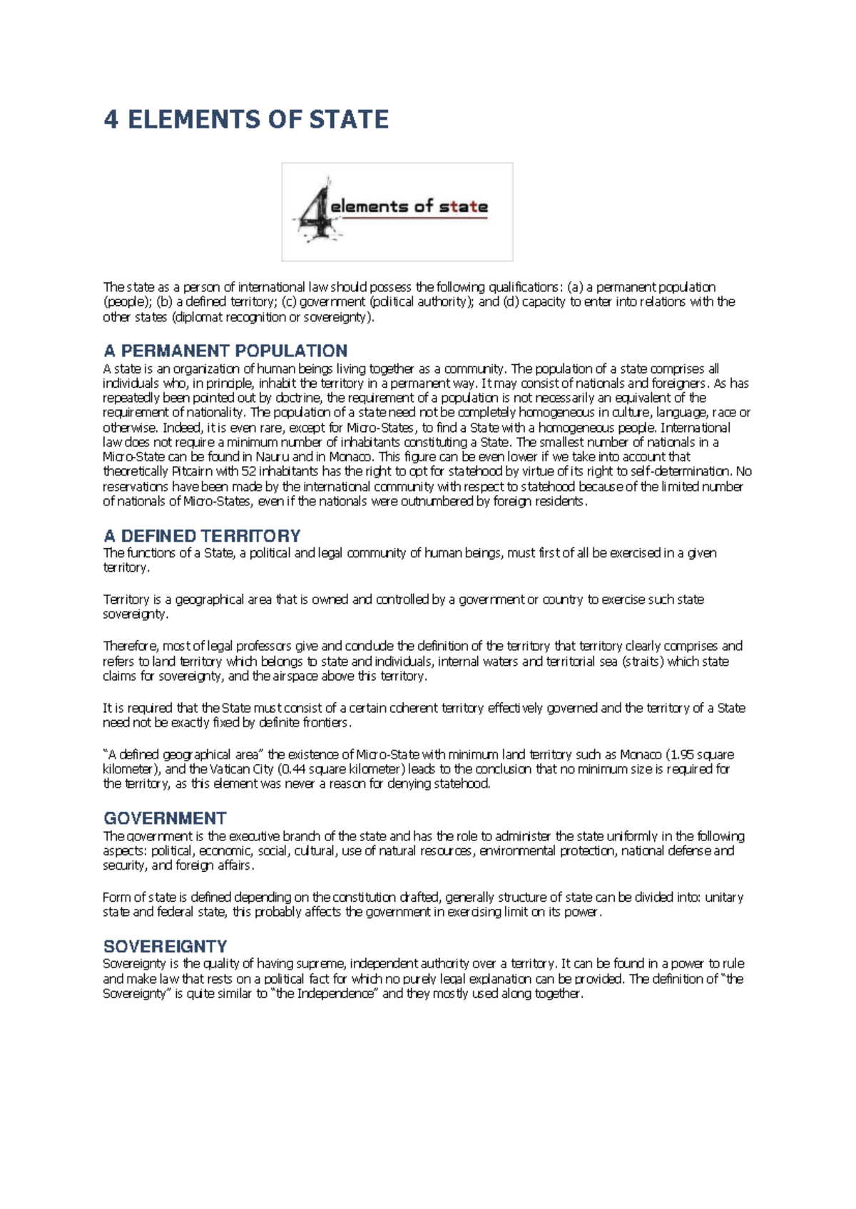 64067636 4 Elements of State - 4 ELEMENTS OF STATE The state as a ...