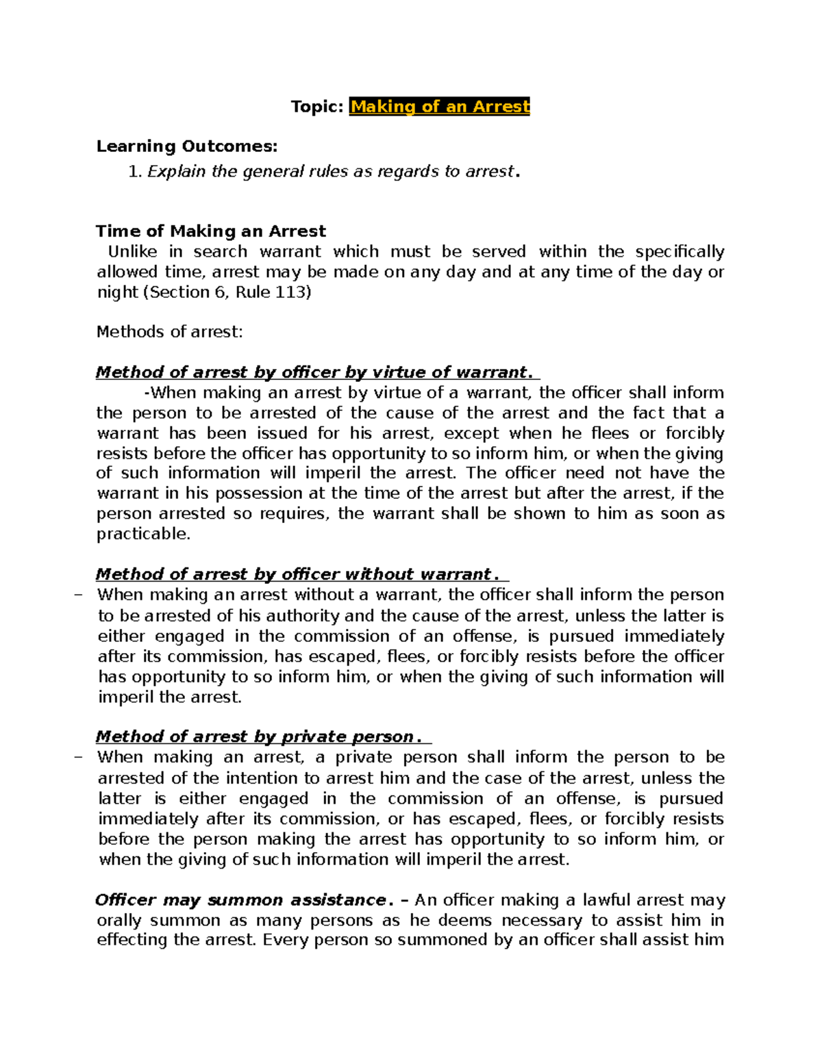 Making of an Arrest - Topic: Making of an Arrest Learning Outcomes: 1 ...