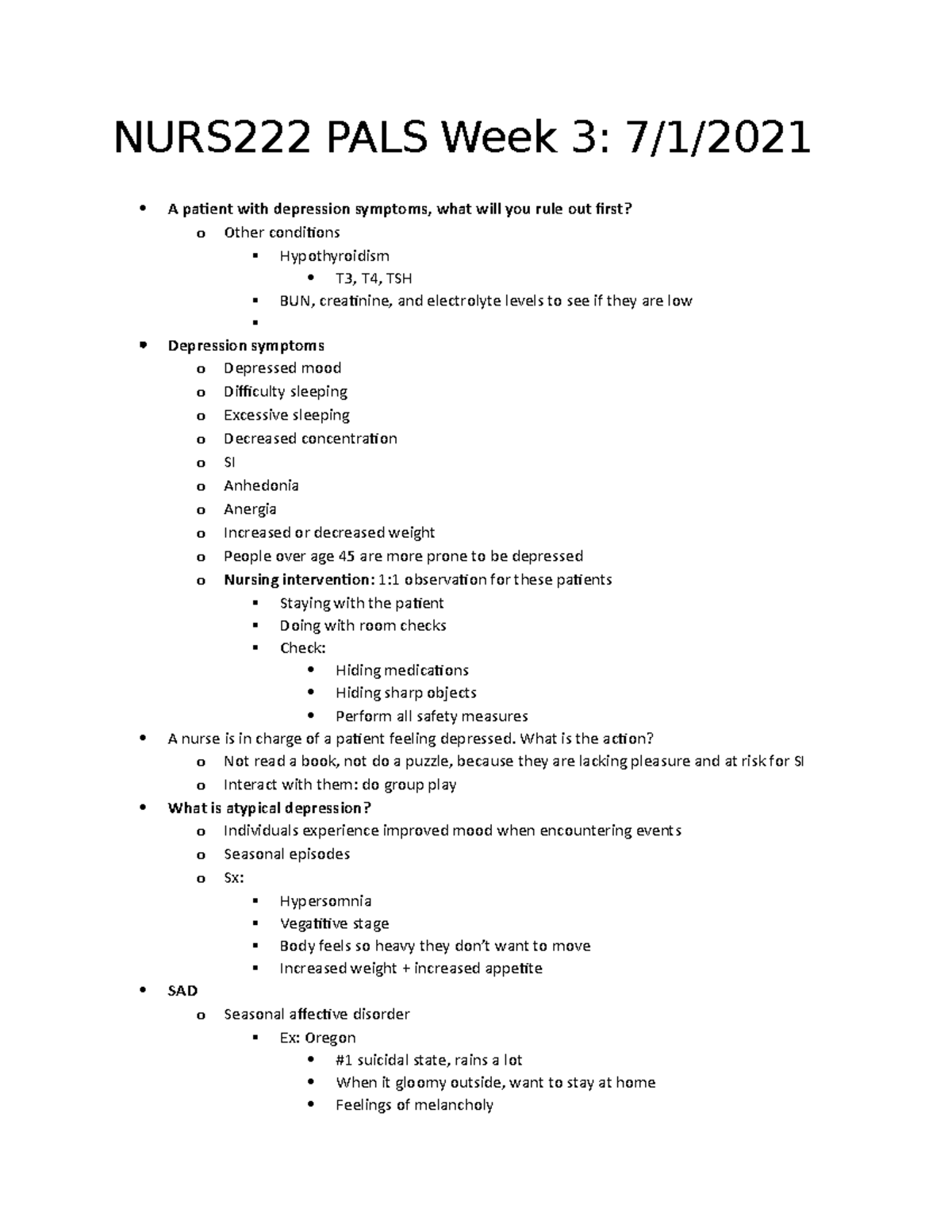 NURS222 PALS Week 3 7 - Mental health - NURS222 PALS Week 3: 7/1/ A ...