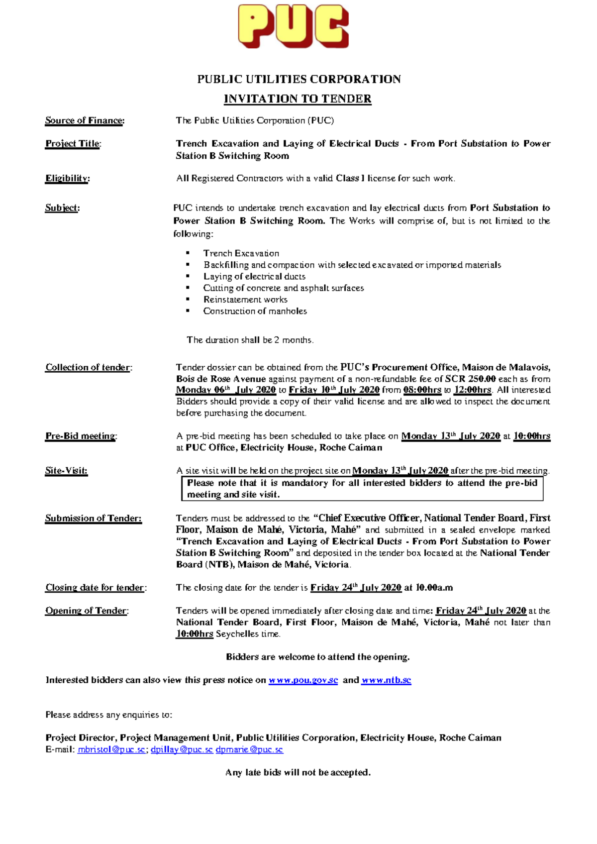 Tender Press Notice - port substation to psb - PUBLIC UTILITIES ...