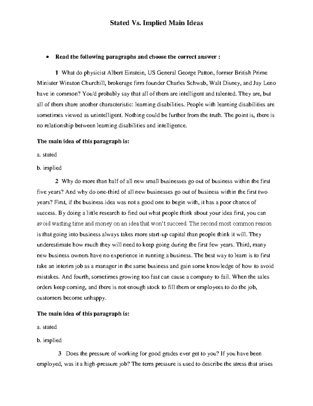 Stated vs. implied - Stated Vs. Implied Main Ideas Read the following ...