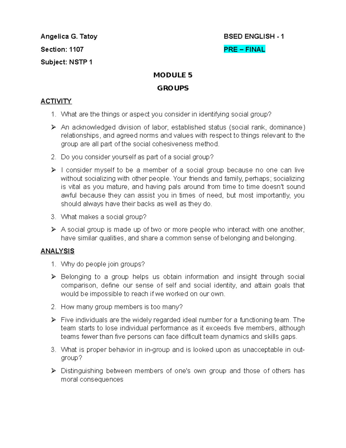 Angelica G. NSTP 1(PRE- Final) answer key - Business Administration ...