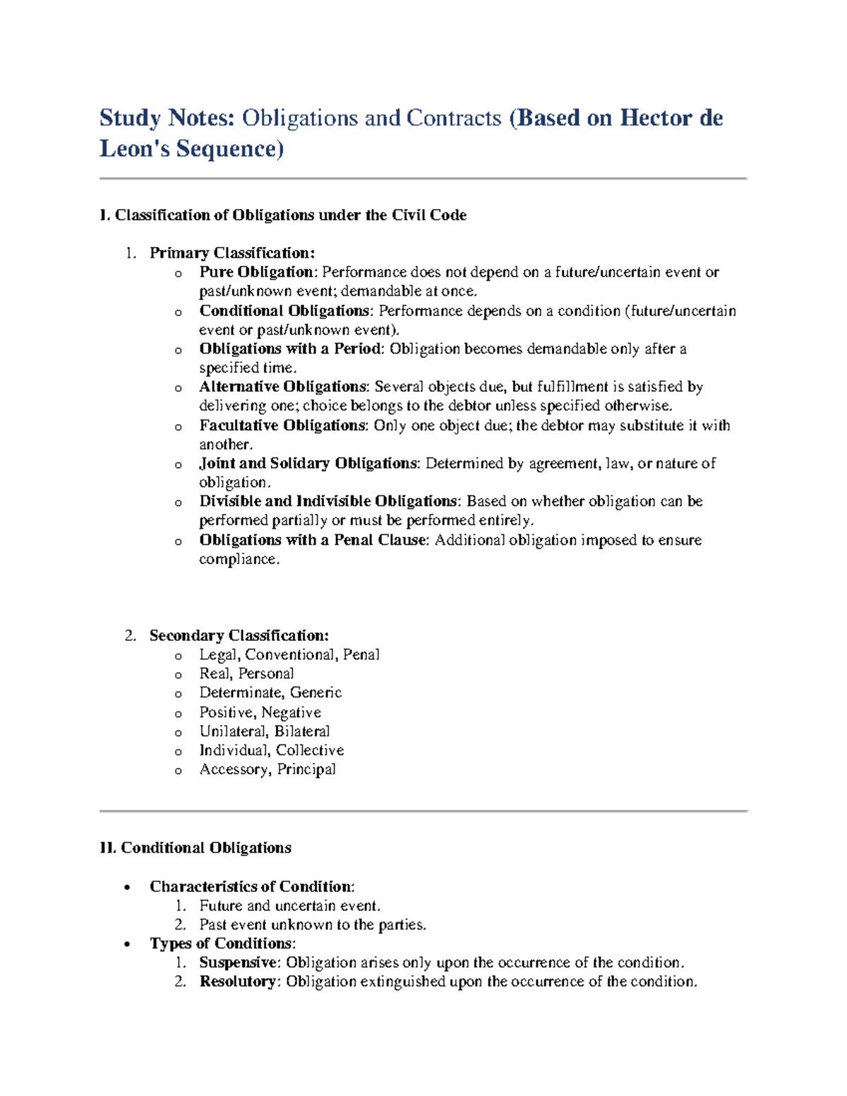 Notes - Oblicon - Study Notes: Obligations and Contracts (Based on ...