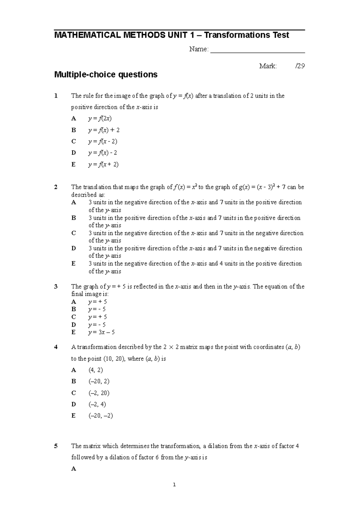 2021 MM12 - Chapter test 07 T1 - MATHEMATICAL METHODS UNIT 1 ...