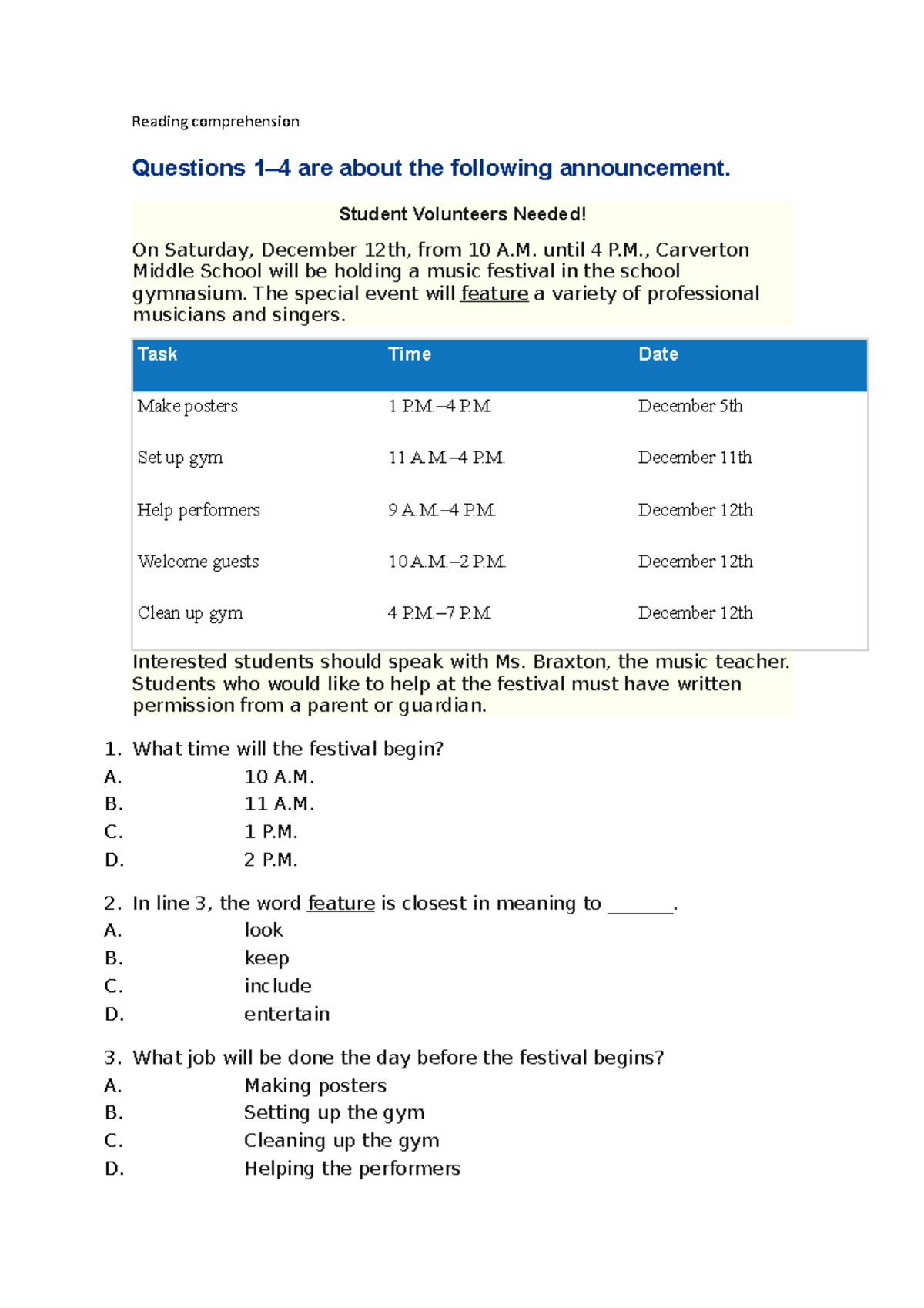Reading comprehension - Reading comprehension Questions 1–4 are about ...