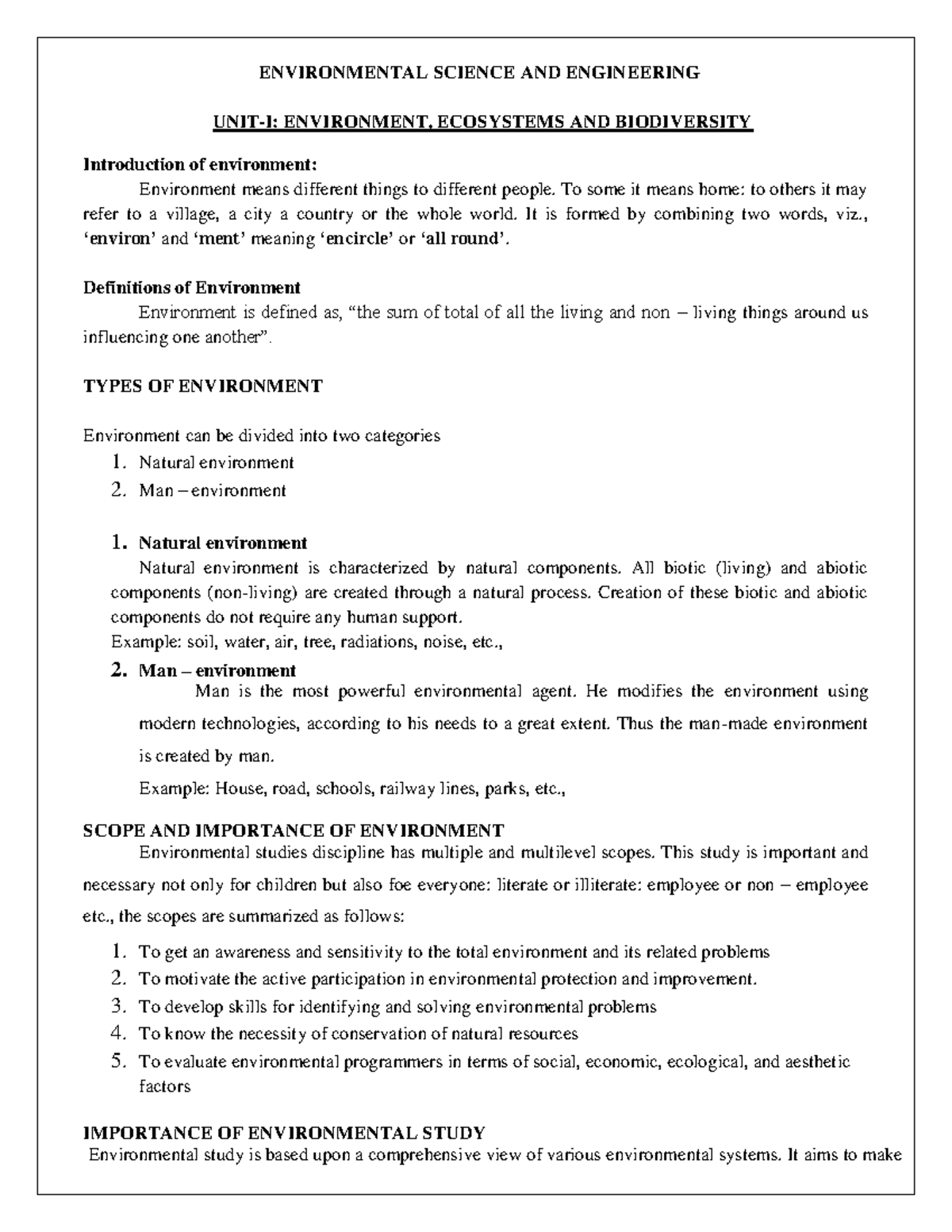 Evs Unit 1 Notes Cbcs 2020 For Erp Environmental Science And Engineering Unit I Environment