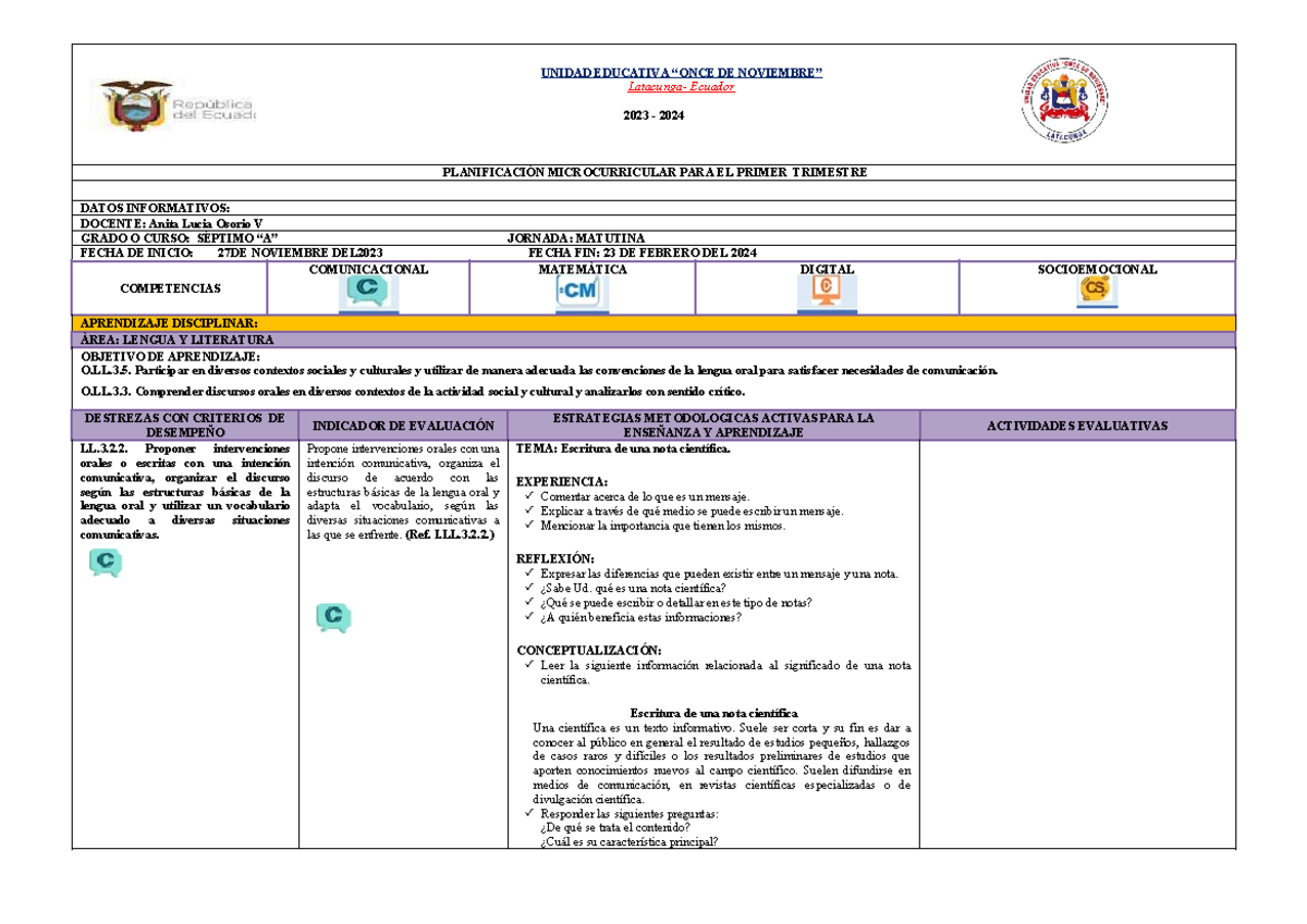 7MO Planificacion II Trimestre - UNIDAD EDUCATIVA “ONCE DE NOVIEMBRE ...