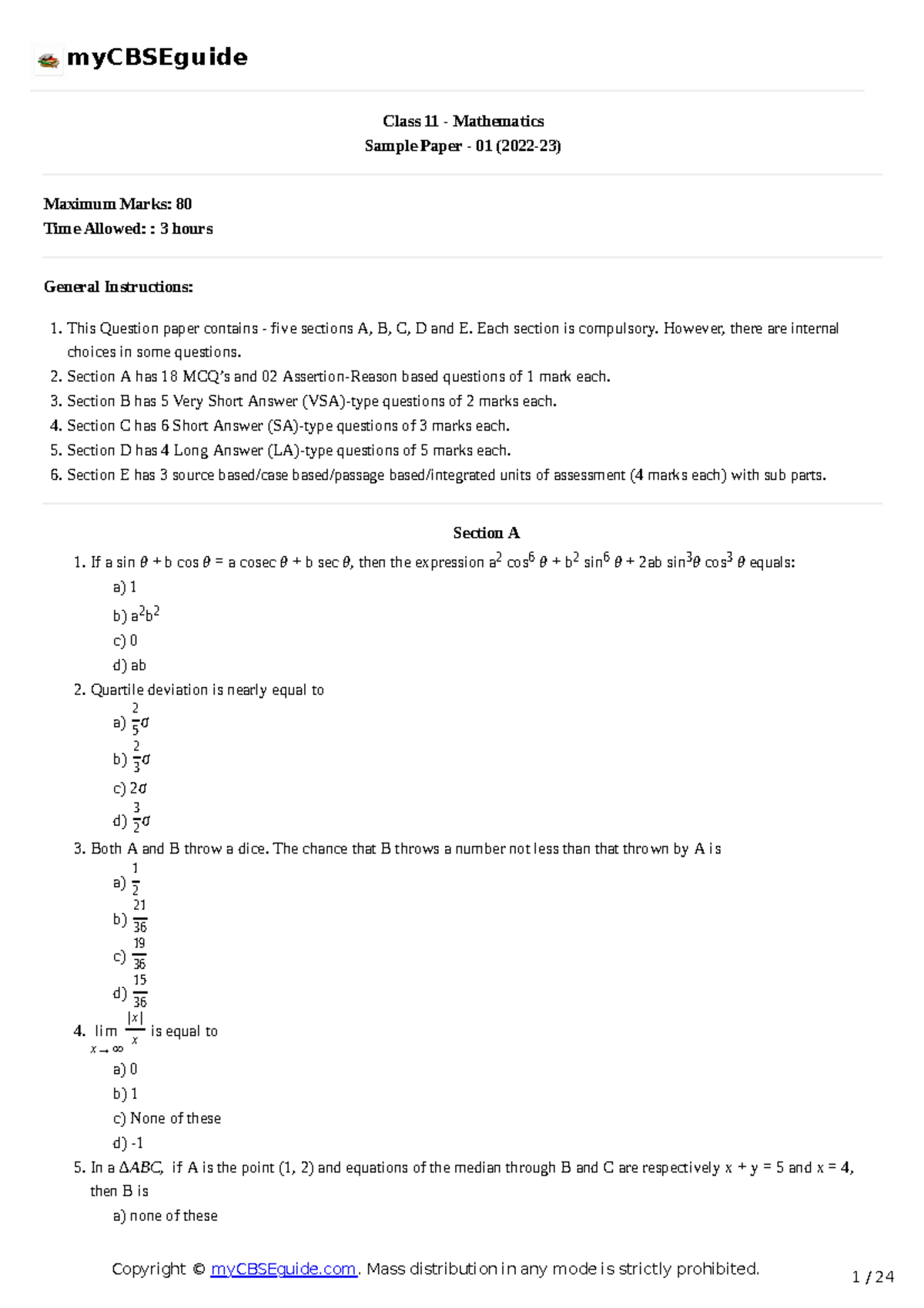 11 mathematics sp01 - okay - Class 11 - Mathematics Sample Paper - 01 ...