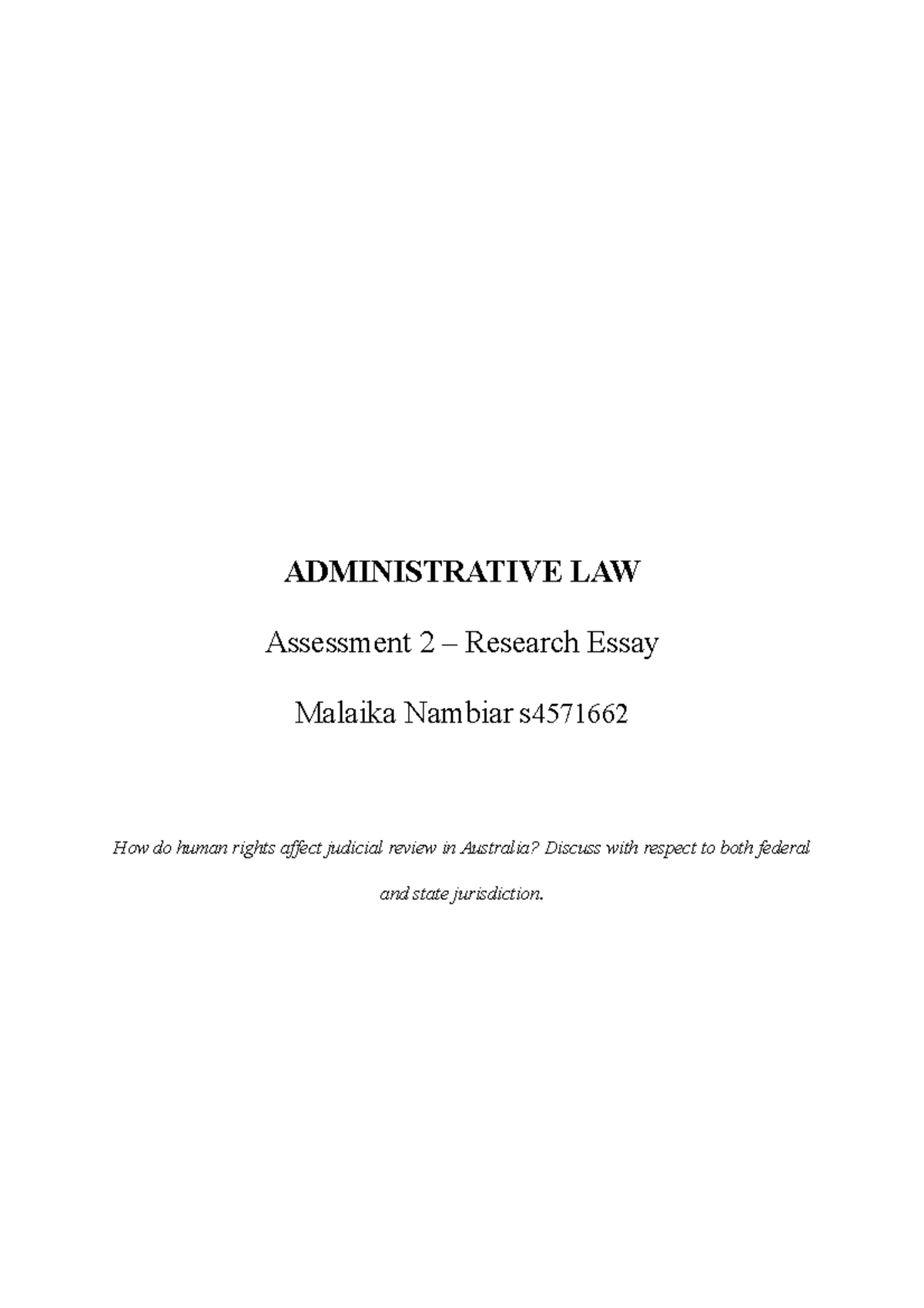 Malaika Nambiar Admin Law Assessment Two - ADMINISTRATIVE LAW ...