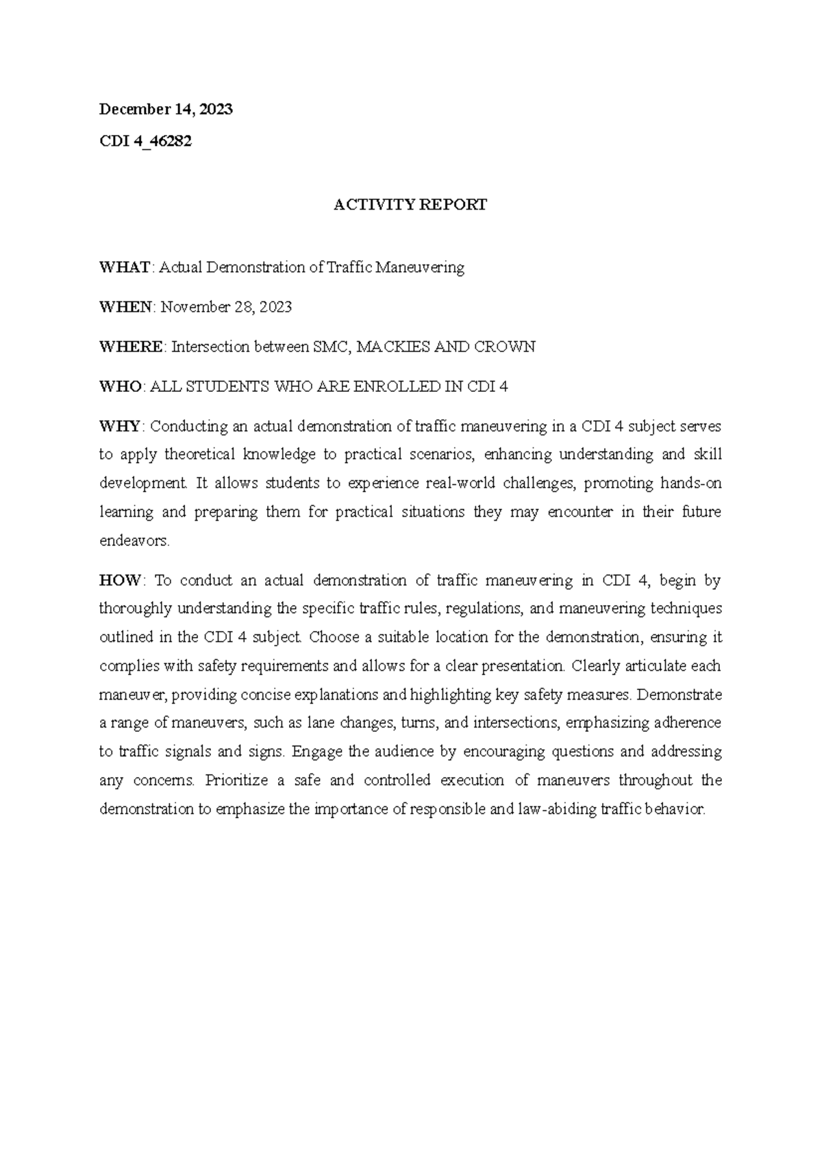 CDI-4 Arsanny - December 14, 2023 CDI 4_ ACTIVITY REPORT WHAT: Actual ...