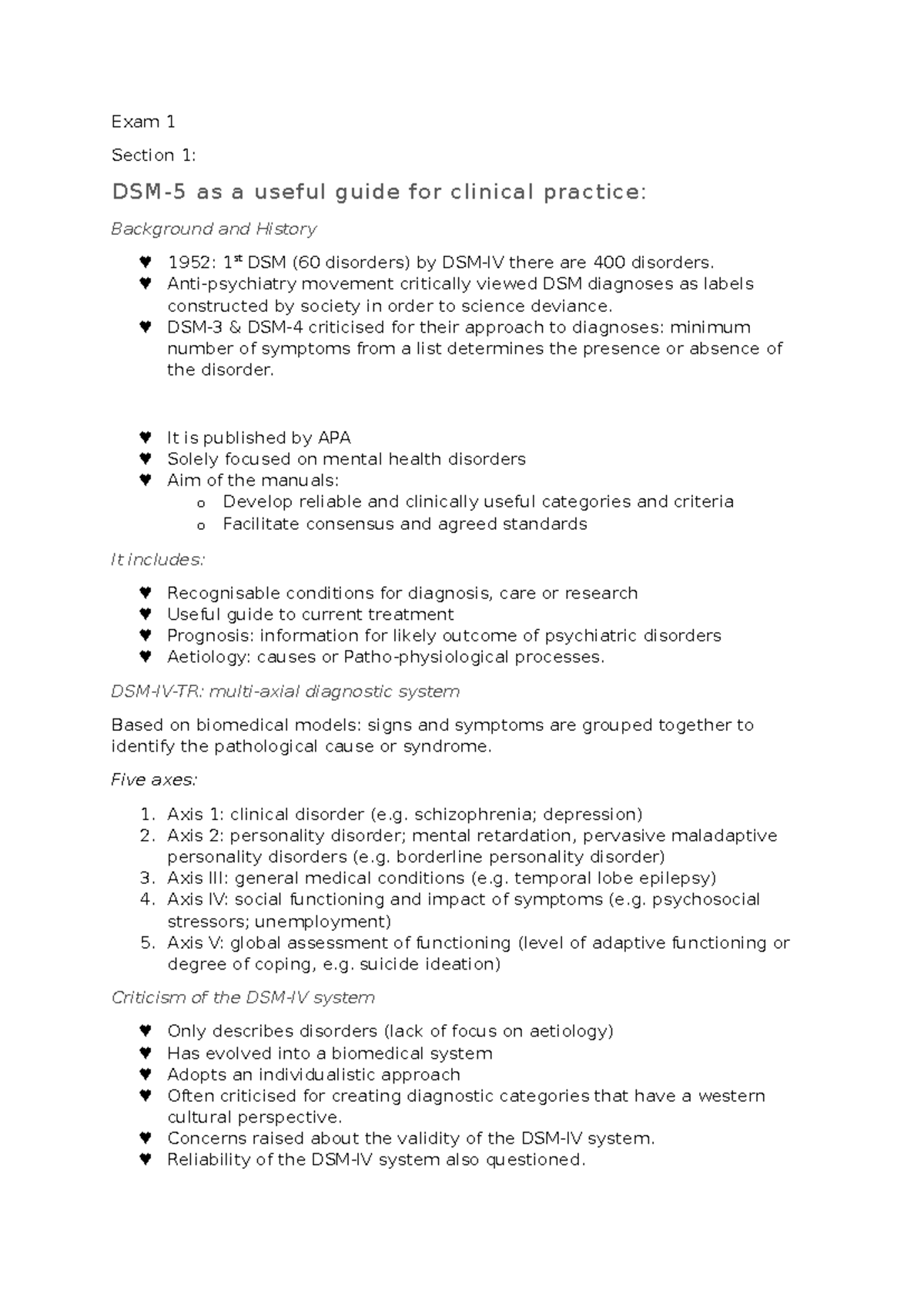 Psychopathology notes - Exam 1 Section 1: DSM-5 as a useful guide for ...