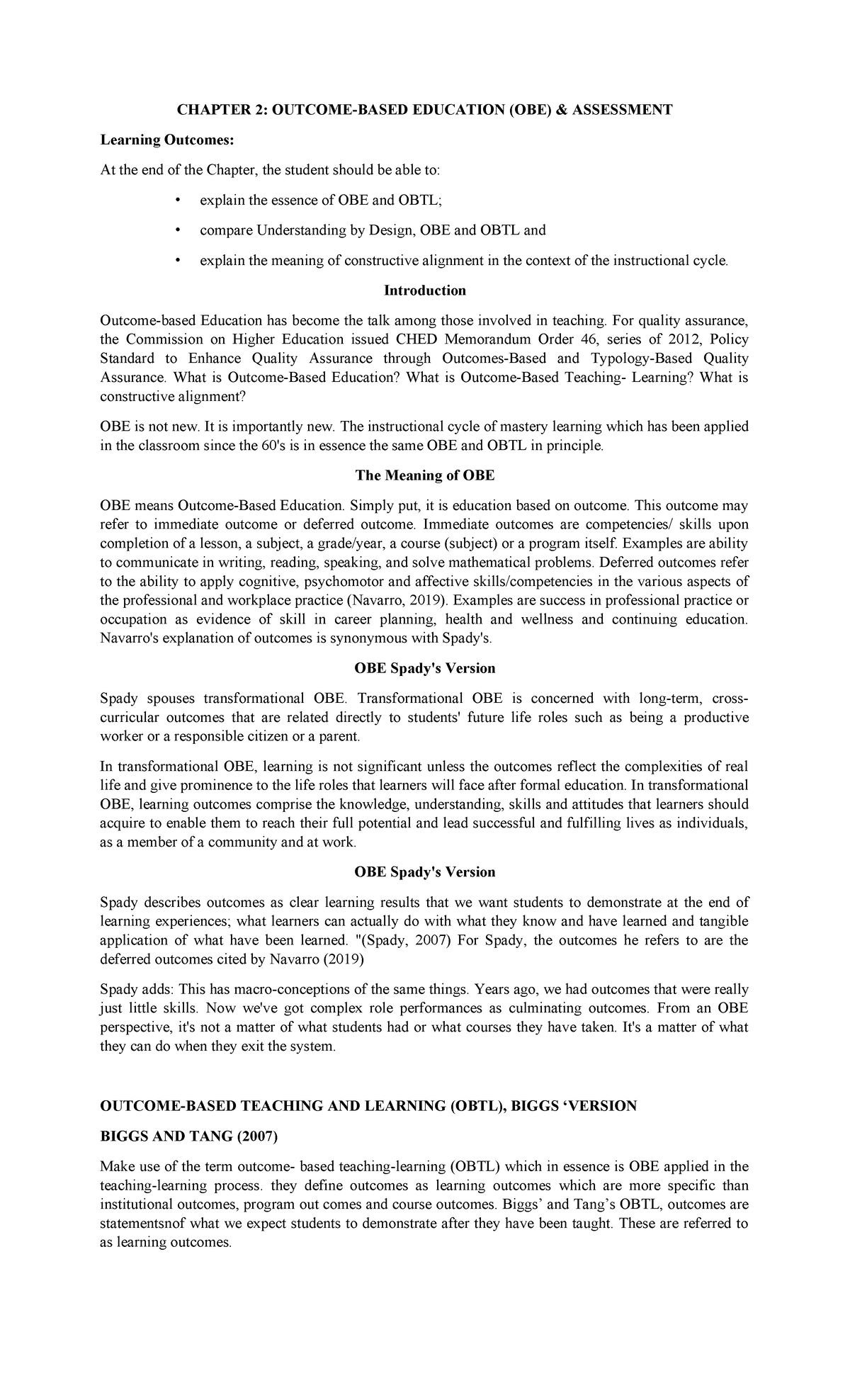 Chapter 2- ED 107 Assessment 2 Handouts - CHAPTER 2: OUTCOME-BASED ...
