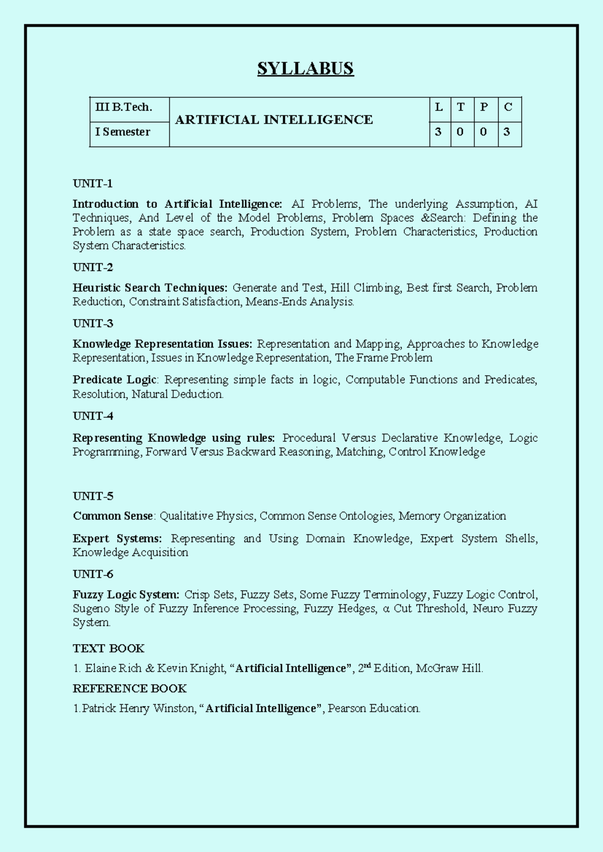 1. UNIT-1 Intro to AI and Problem Solving - SYLLABUS III B. ARTIFICIAL INTELLIGENCE L T P C I ...