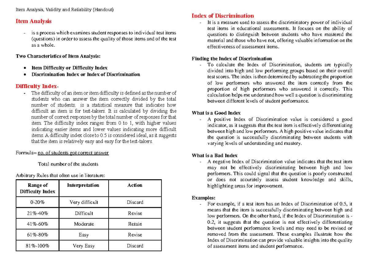 Item Analysis Validity and Reliability Handout 1 - Two Characteristics ...