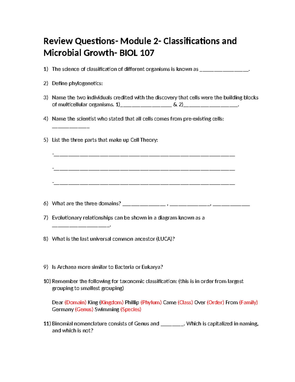 Module 2 Class Micro 107 Practice - Review Questions- Module 2- Classifications and Microbial ...