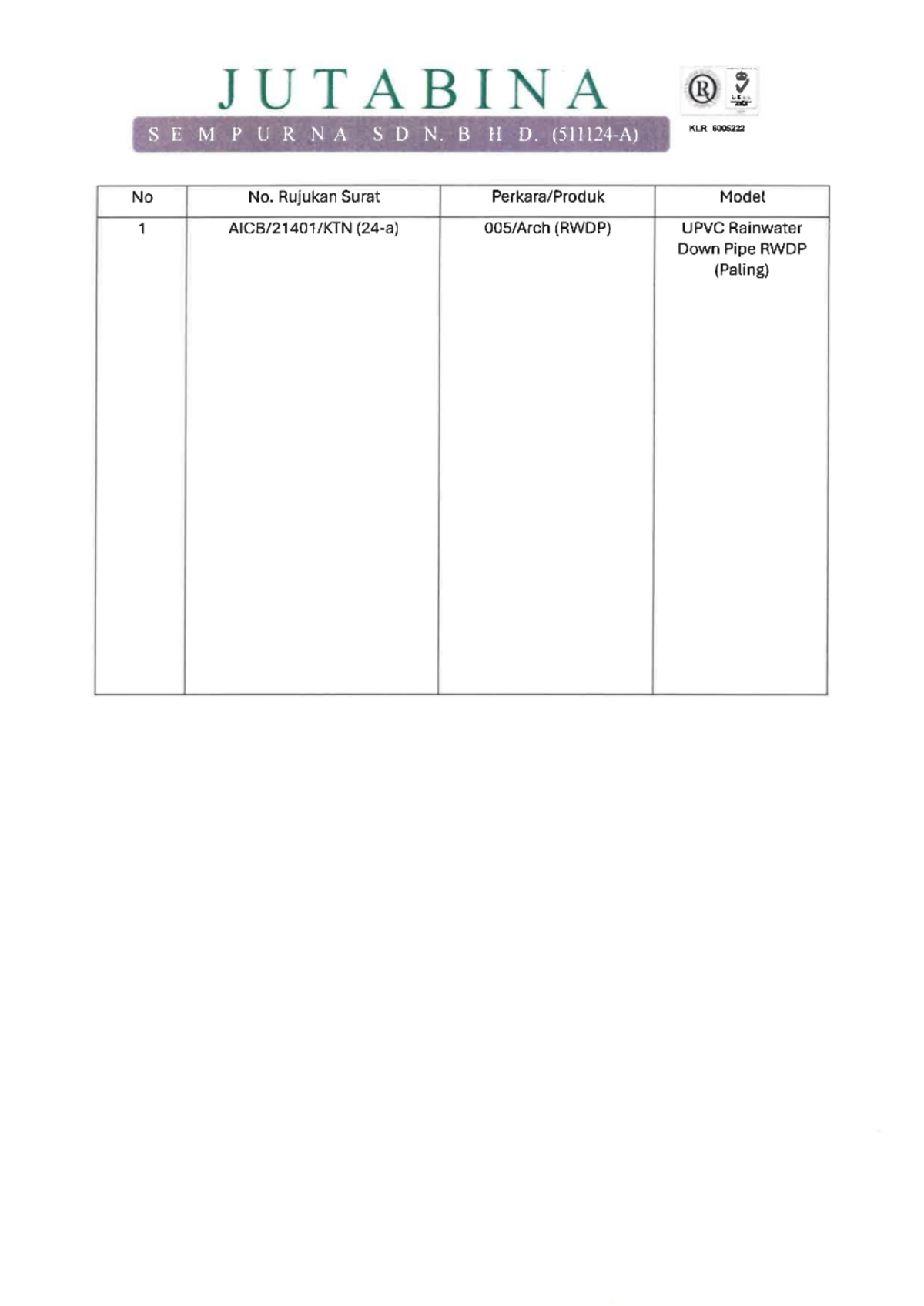 RWDP - rain water down pipe - JUTABINA db R CKSS S E M P U R N A S D N ...