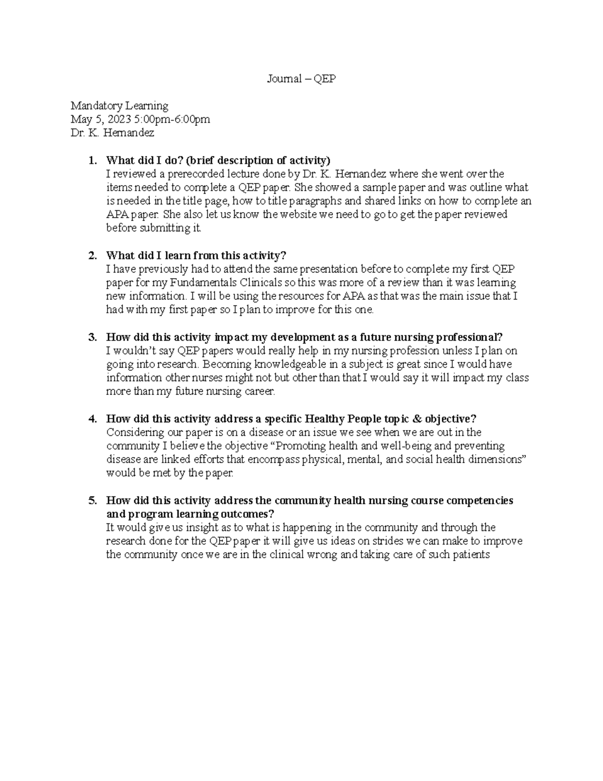 Journal - QEP - Journal – QEP Mandatory Learning May 5, 2023 5:00pm-6 ...