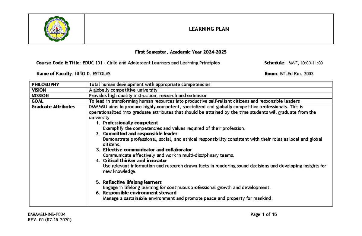 EDUC 101 Learning Plan with United Nation Sustainable Goals - First ...