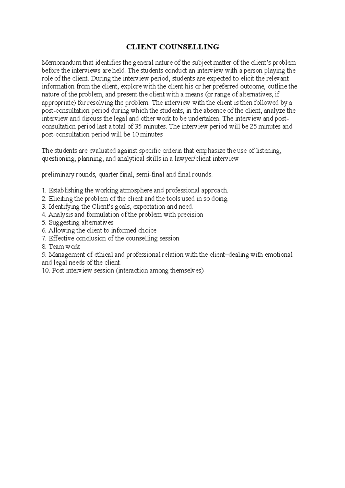 Client Counselling - CLIENT COUNSELLING Memorandum that identifies the ...