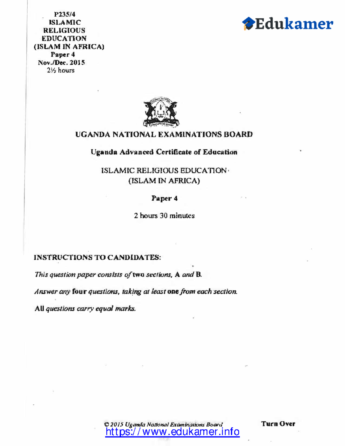 UACE IRE 2015 Paper 4 - P235/ ISLAMIC RELIGIOUS EDUCATION (ISLAM IN ...