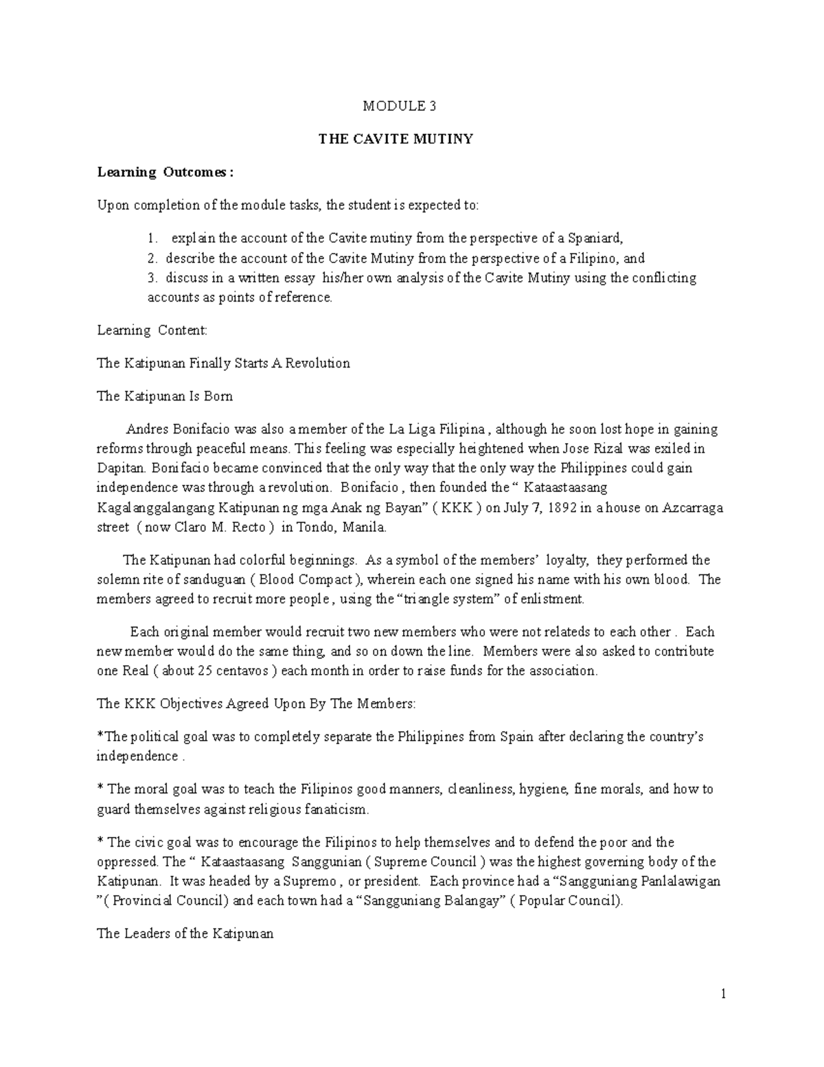 Module 12 The Cavity Mutiny - MODULE 3 THE CAVITE MUTINY Learning ...