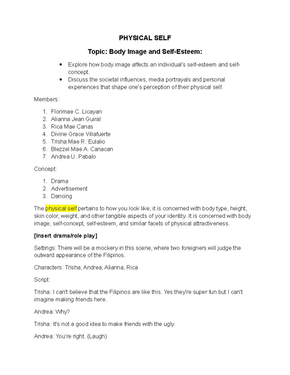 Physical-SELF - Nothing - PHYSICAL SELF Topic: Body Image and Self ...