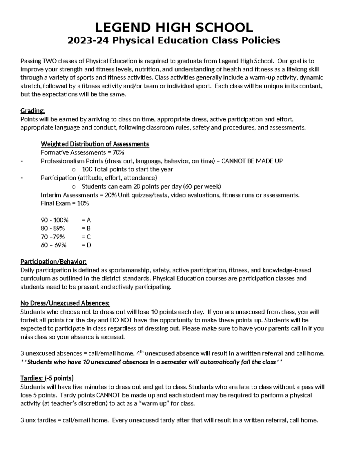 23-24 Class Policies - very cool - LEGEND HIGH SCHOOL 2023-24 Physical ...